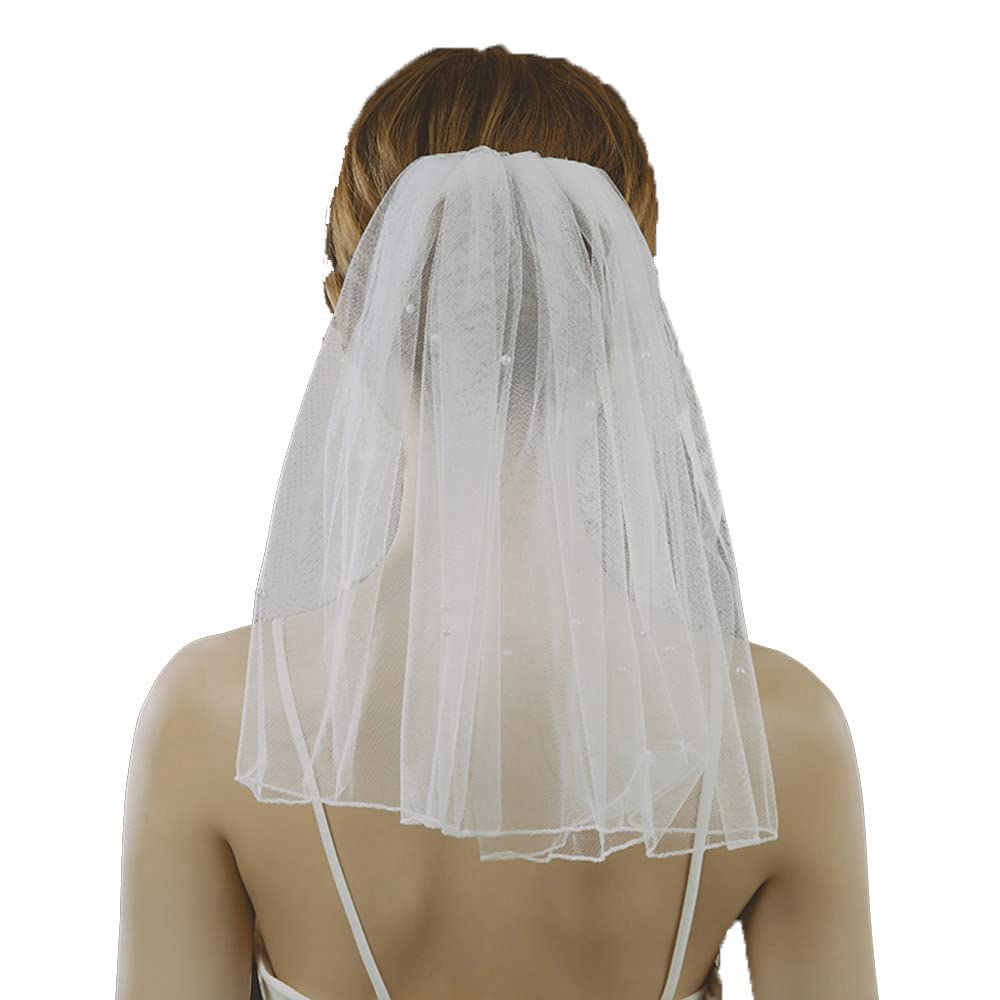 Sekhluno Wedding Veil, 1 Tier Pearl Bridal Veil with Comb Women's Short Veils (White)