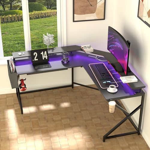 L Shaped Gaming Desk with Power Outlets, 51.5" Computer Desk with Cup Holder and Headphone Holder,Corner Desk Home Office Desk with Glowing Mouse Pad,Black