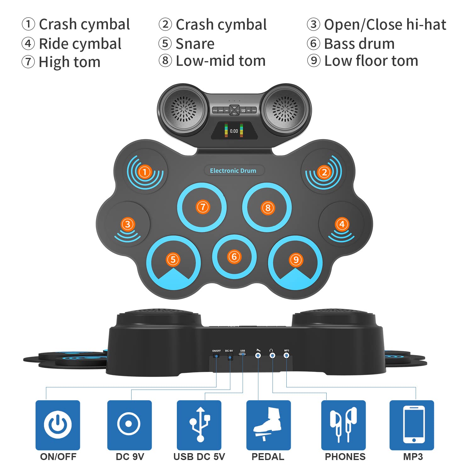 KONIX 9 Pads Electronic Drum Set - Electric Roll Up Drum Practice Pad with LED Screen - Midi Drums Kit Built-in Speaker, MP3 USB Port, Headphone Jack, 8 Demo Songs, Pedals, Sticks, 10 Hours Playtime