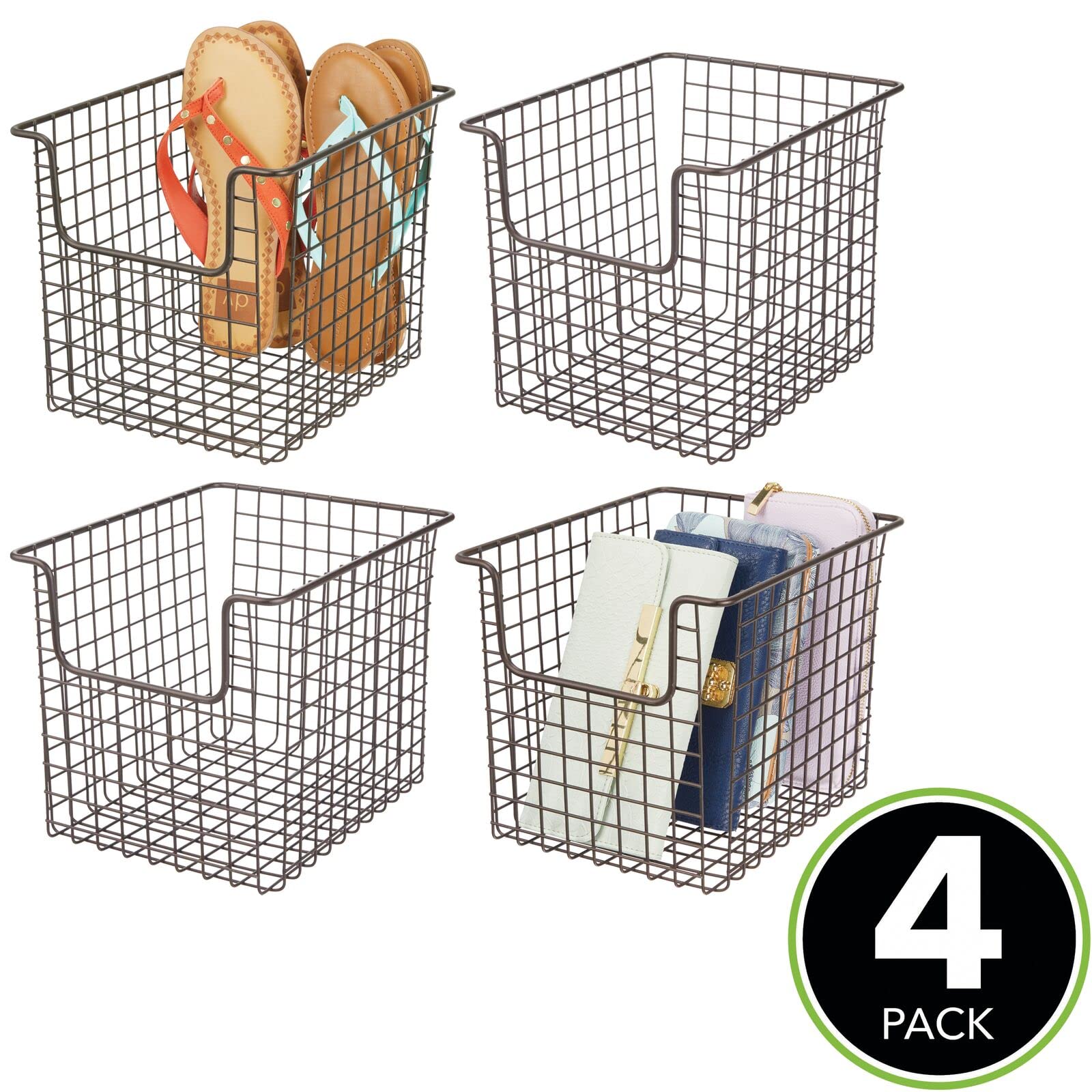 mDesign Metal Wire Closet Storage Basket Organizer with Front Dip Opening for Organizing Bedroom, Bathroom, Mudroom, Entryway, Hallway, or Linen Closets - Concerto Collection - 4 Pack - Bronze