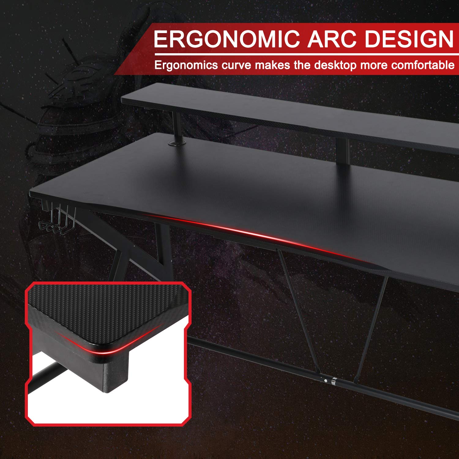 LYNSLIM Black Computer Gaming Desks - 55” W x 23” D Computer Table with Display Support Plate Cup Holder and Headphone Hook Large Surface E-Sport Gamer Workstation Desk Table for Home Office PC
