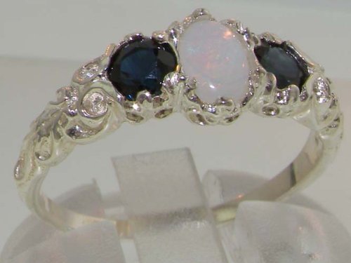 LetsBuyGold 925 Sterling Silver Natural Opal and Sapphire Womens Promise Ring - Size 9.5