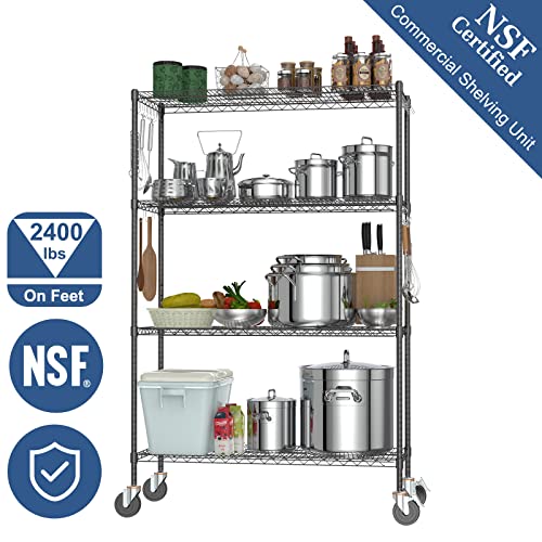 Leteuke Wire Shelving Unit with Wheels, NSF Certified 4 Tier Adjustable Storage Shelves 48"×18"×72", 2400LBS Heavy Duty Shelving Commercial Grade Metal Storage Utility Rack for Kitchen Garage, Black