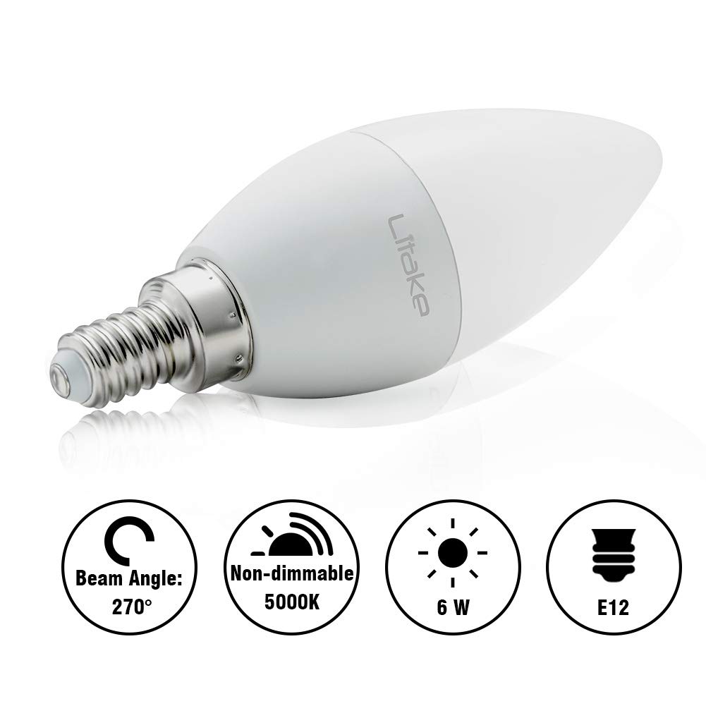 Litake E12 LED Bulbs 60W Equivalent,E12 LED Candelabra Bulbs Daylight,LED Ceiling Fan Light Bulbs, 5000K LED Chandelier Bulb, 600 Lumens, Candelabra Base Ceiling Fan Light Bulbs,12 Pack