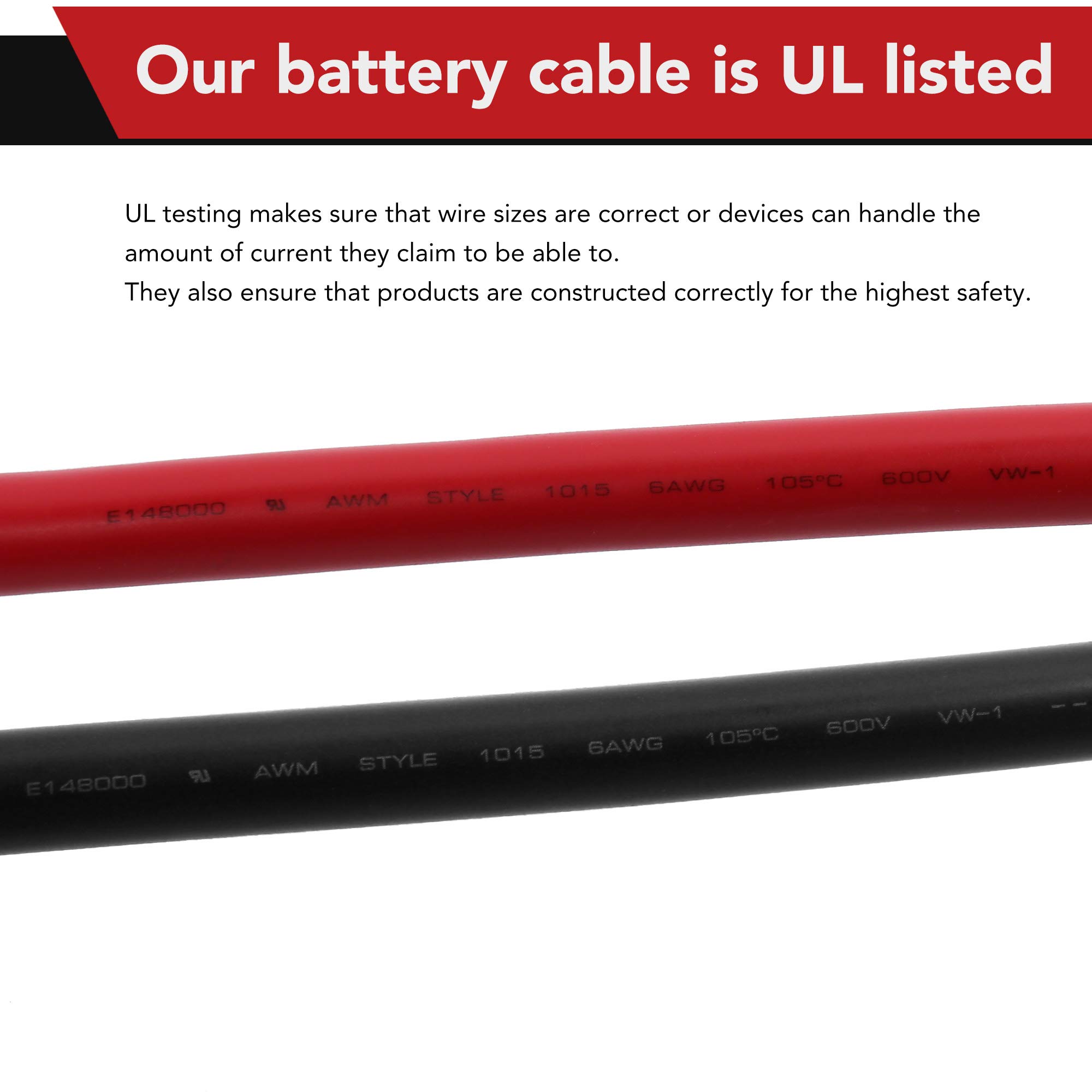 LotFancy 6 AWG Wire, 6 Guage 20inch Red + 20inch Black Tinned Copper Battery Cables with 3/8" Lugs for Automotive Marine Solar ATV RV Mower Motorcycle