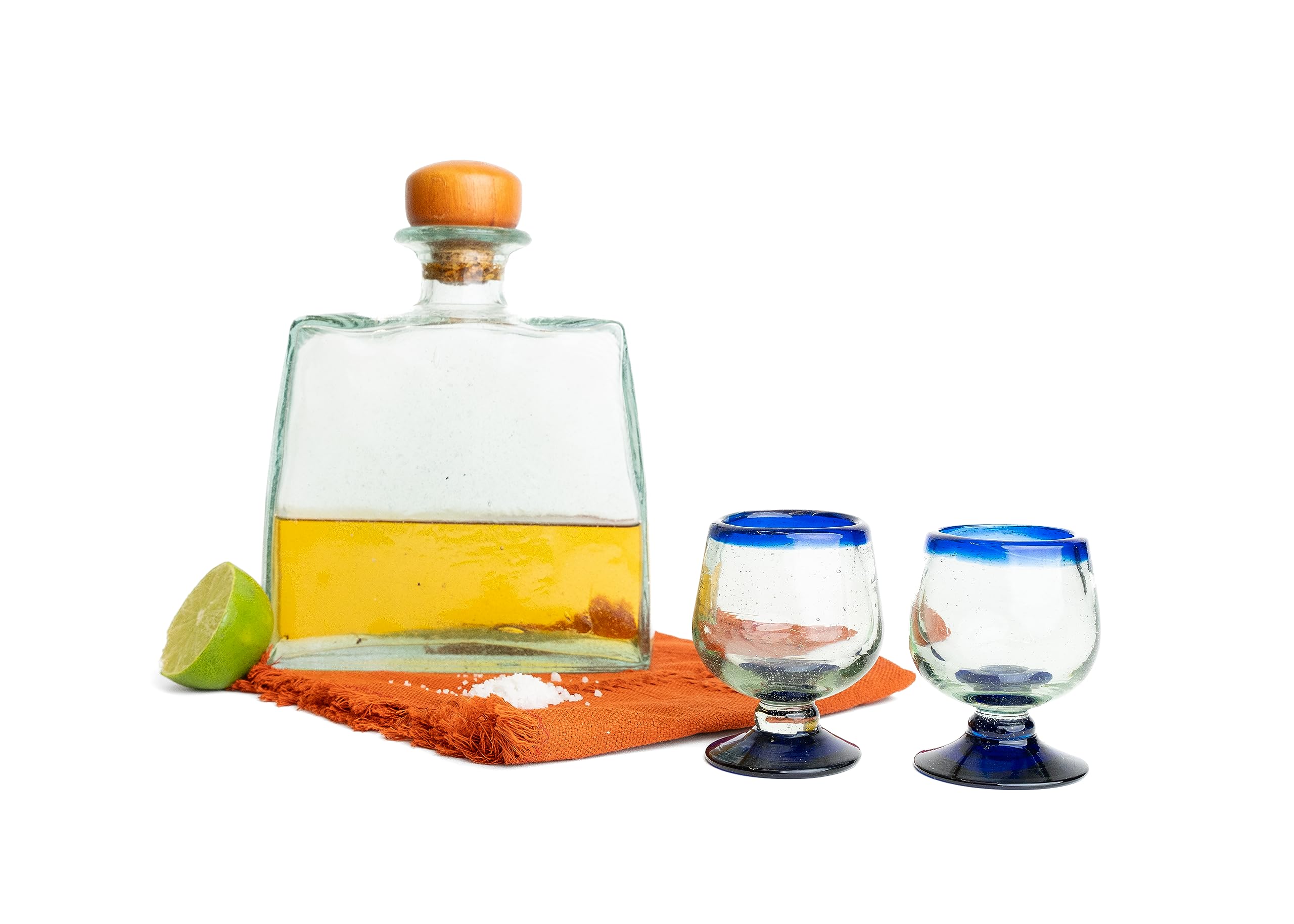 MEXTEQUIL - Authentic Mexican Tequila Hand Blown Shot Glasses - Set of 4-2 oz - Mini Glass Snifters - Heavy Base - Cognac (Cobalt Blue Rim)