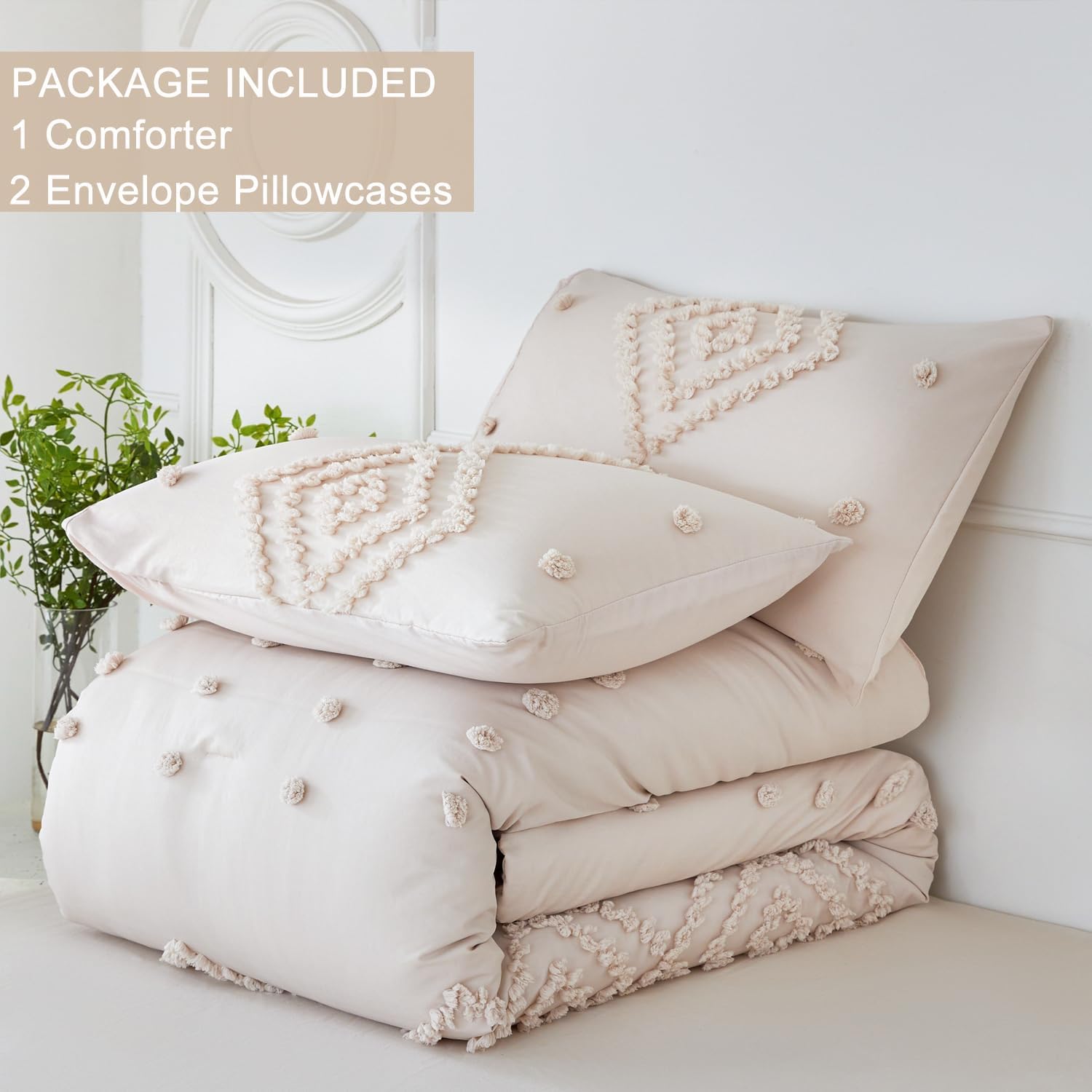 ZRNBAST Pink Full Size Comforter Sets 3 Pcs,Tufted Pom Boho Comforter Set Full, Soft Fluffy Farmhouse Embroidery Geometric Bedding Set for Girl(Pink, Full)