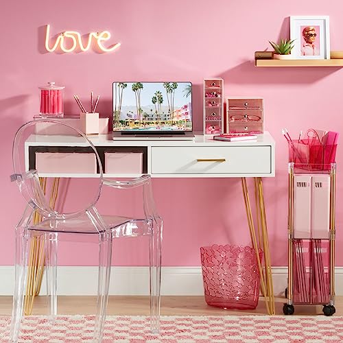 mDesign Plastic Cosmetic Storage Organizer Box Containers, Hinged Lid for Bedroom, Bathroom Vanity Shelf or Cabinet, Holds Masks, Palettes, Nail Polish, Lumiere Collection, 2 Pack - Light Pink/Clear