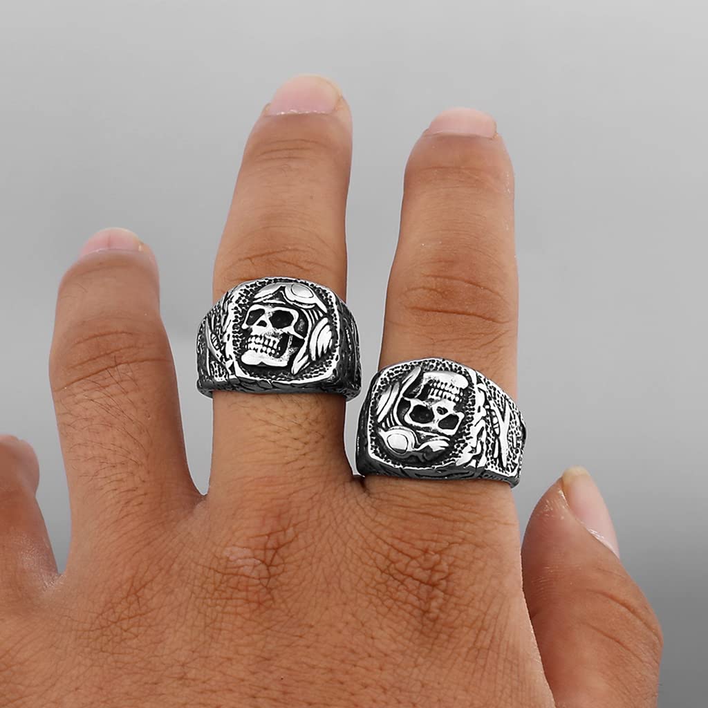 Retro Vintage Stainless Steel Skull Gothic Pirate Pilot Biker Halloween Party Punk Ring (Silver, 12)