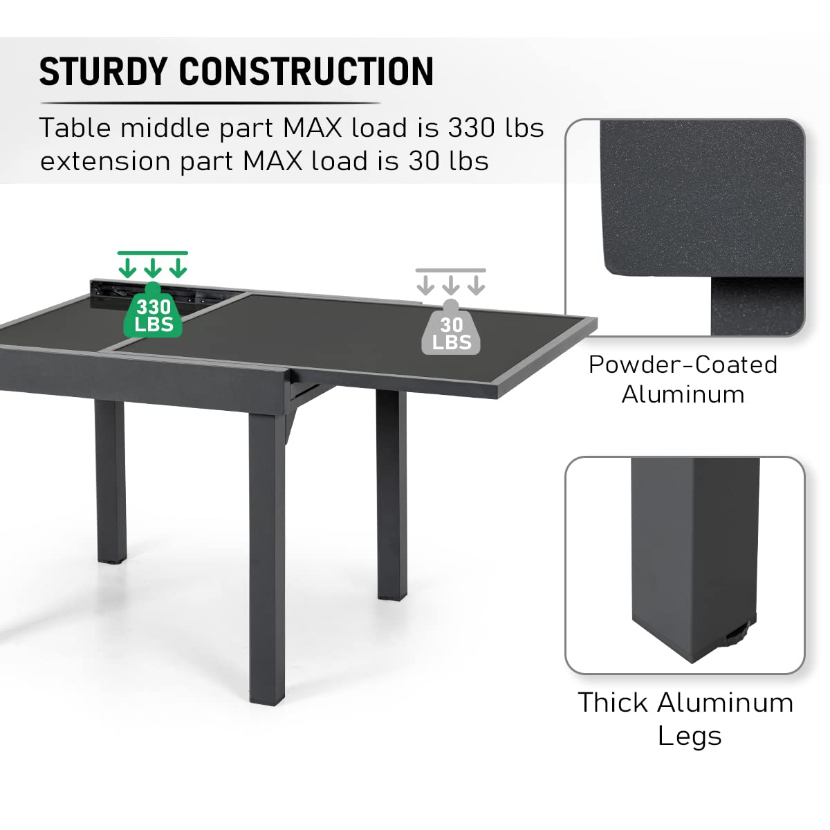 VredHom Patio Aluminum Top Dining Table,53"- 106" Outdoor Extendable Dining Table Backyard Bistro Rectangle Table Outdoor Furniture Garden Adjustable Table (Black)
