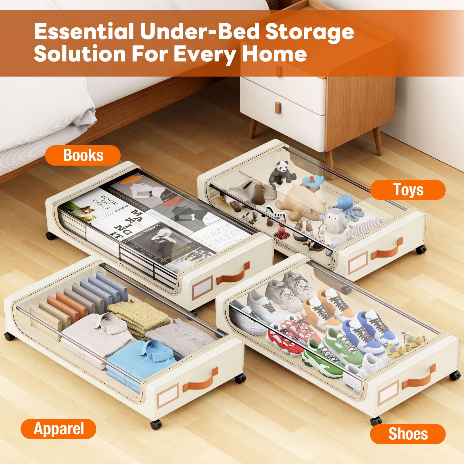 Yoleduo Underbed Storage Containers with Wheels,2 Pack Under bed Shoe Storage Organizer Box with Clear Lid Drawer Bins Bag for Organizing Clothes, Blanket,Shoe Bedroom (Large White)