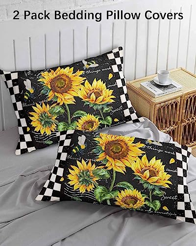 Sunflower Pillow Covers Standard Size Set of 2 20x26 Bed Pillow, Farmhouse Spring Floral Bee Rustic Black White Plaid Plush Soft Comfort for Hair/ Skin Cooling Pillowcases with Envelop Closure