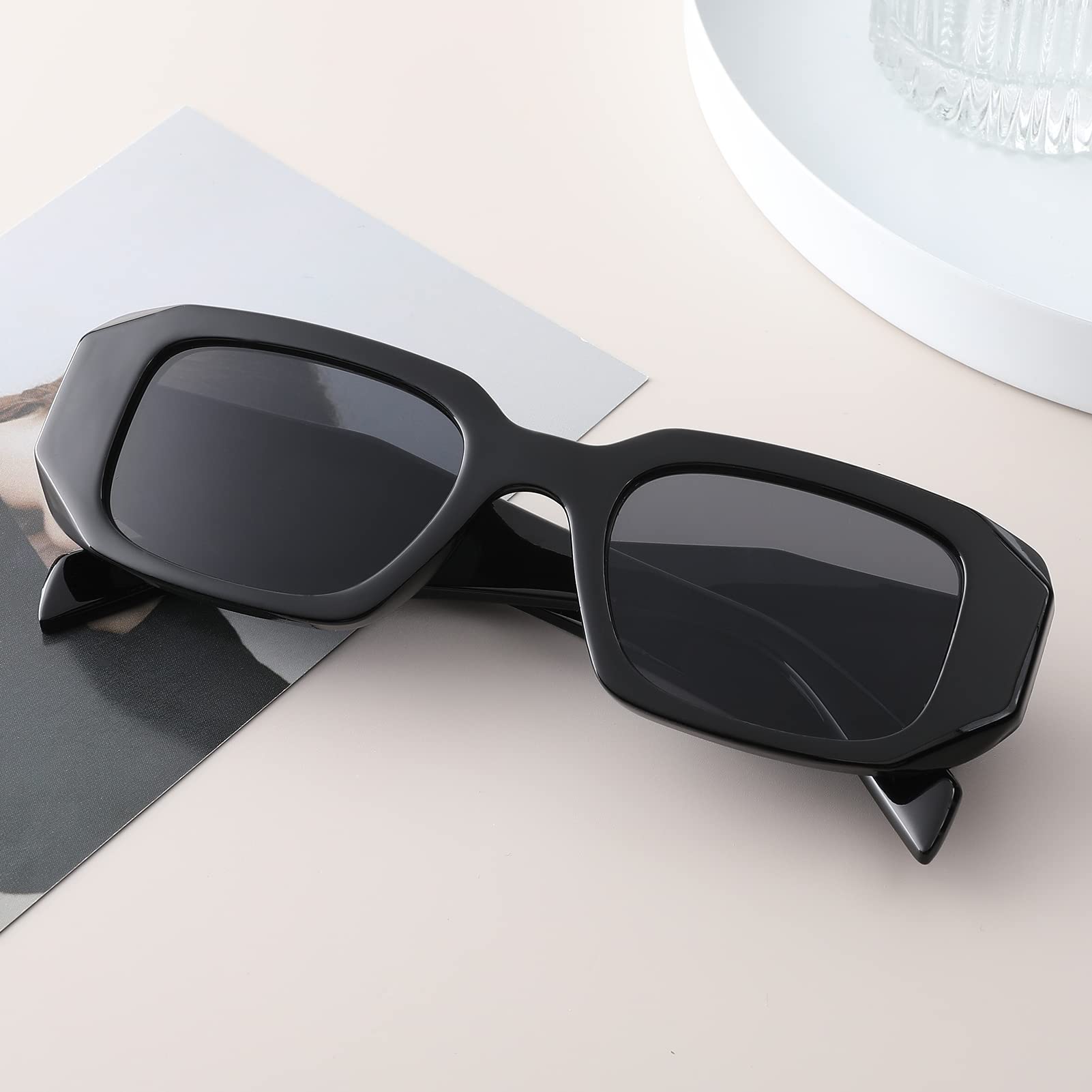 Pro Acme Trendy Rectangle Sunglasses for Women & Men, Retro Vintage 90s Small Square Shades (Black Frame | Black Lens)