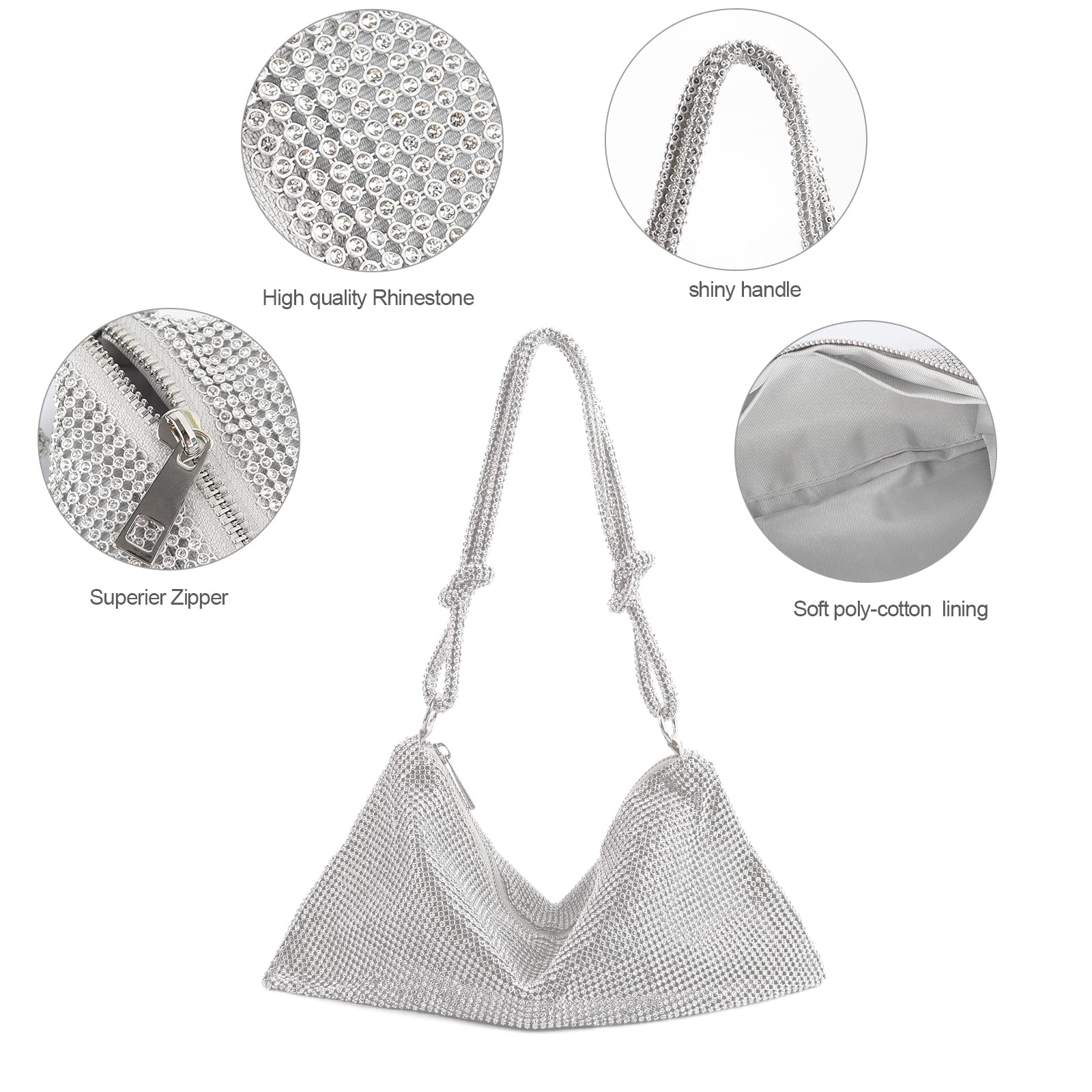 Rhinestone Purses for Women Hobo bag Sparkly Evening Handbag Silver Purses Clutch Purse for Party Club Wedding