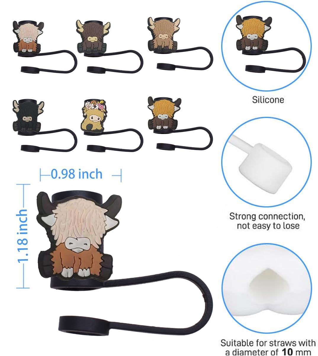 Straw Toppers, 6PCS 10mm Highland Cow Straw Cover Compatible with Stanley Yeti Tumbler Straw, 0.4in Cow Straw Topper Cap, Cute Stanley Cup Accessories