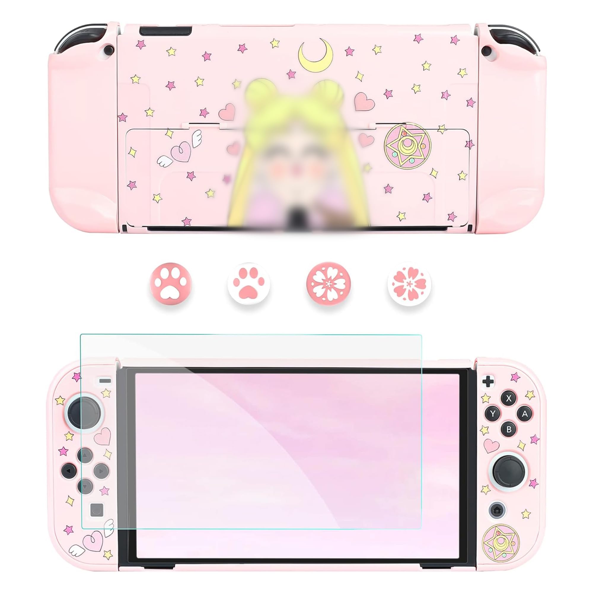 RHOTALL Pink Protective Case for Nintendo Switch OLED with Cute Girl Pattern, Anime Theme Cover Case Compatible with Switch OLED and Joycon Controller with Screen Protector and 4 Thumb Caps