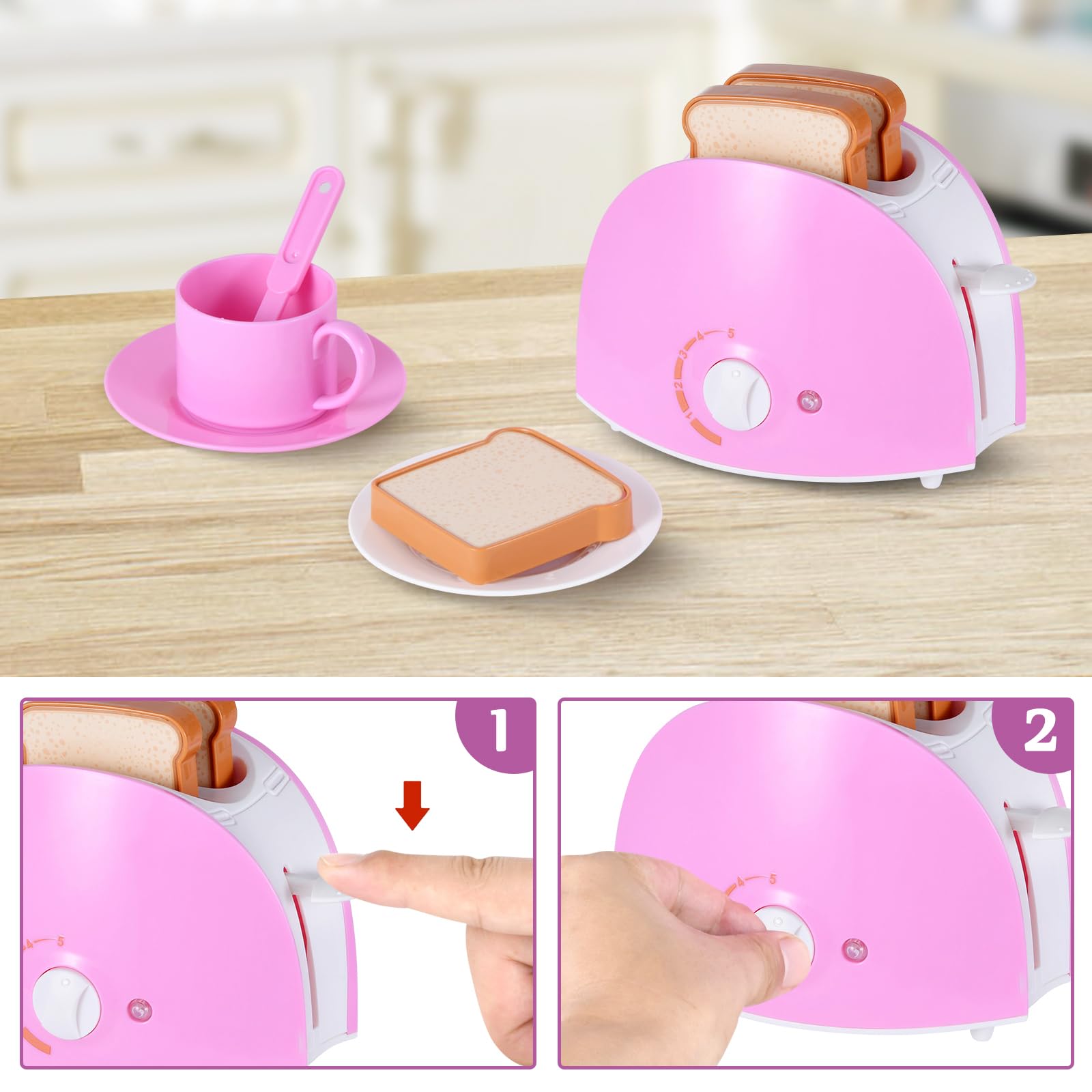 Kitchen Appliances Toys, Play Kitchen Accessories Set for Kids, Pretend Kitchen Toys, Coffee Maker, Blender, Mixer, Toaster with Realistic Light and Sounds, Toy Kitchen Set for Kids Ages 3+ (Pink)