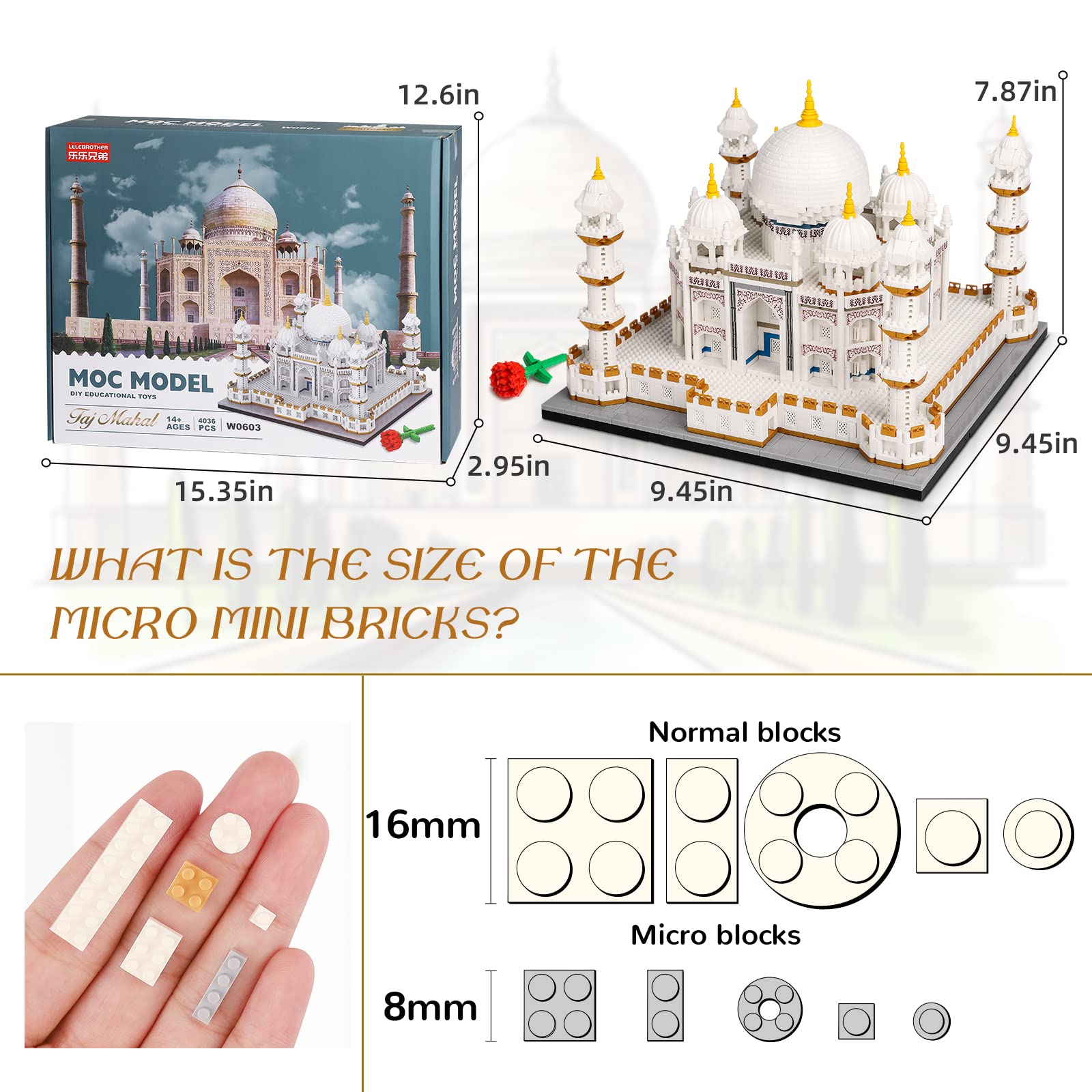 QLT Micro Mini Blocks Taj Mahal Architecture Building Toy Display Famous Architecture Model Kit for Adults and Kids Christmas Birthday Gift (4036 Pieces)