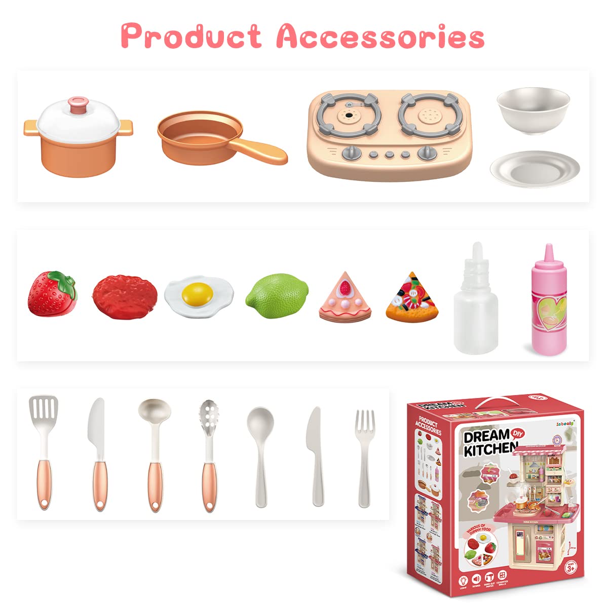 Kids Kitchen Playset, 34" Kitchen Set for Kids Ages 3-5 with Realistic Lights & Sounds, Simulation of Spray, includes Toy Kitchen Accessories, Pretend Play Kitchen Toy
