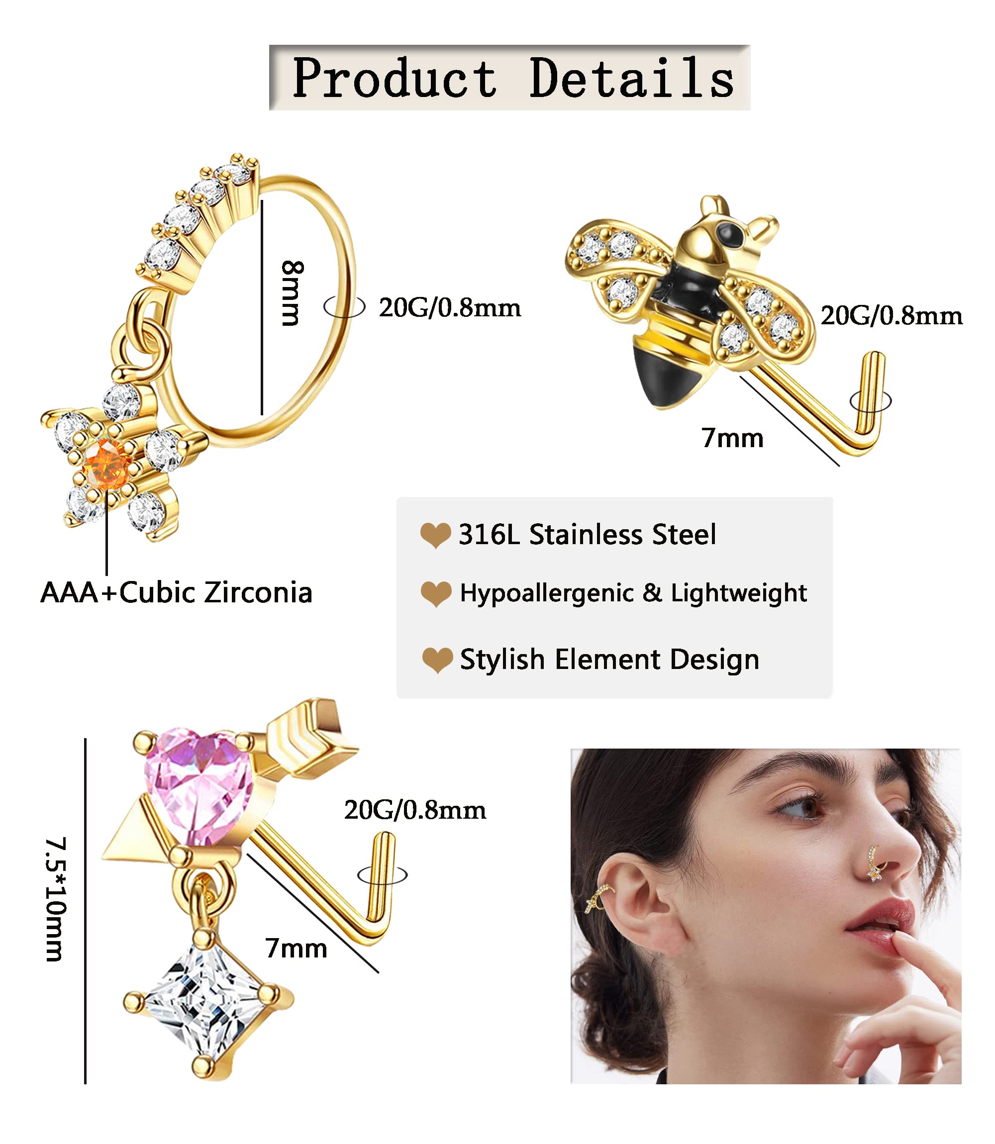 MJust 20G Dangle Nose Ring L Shaped Dangling Nose Stud for Women Stainless Steel Nose Ring Studs CZ Flower Dangle Nose Rings Hoops Nose Piercing Jewelry with Charm(Gold)