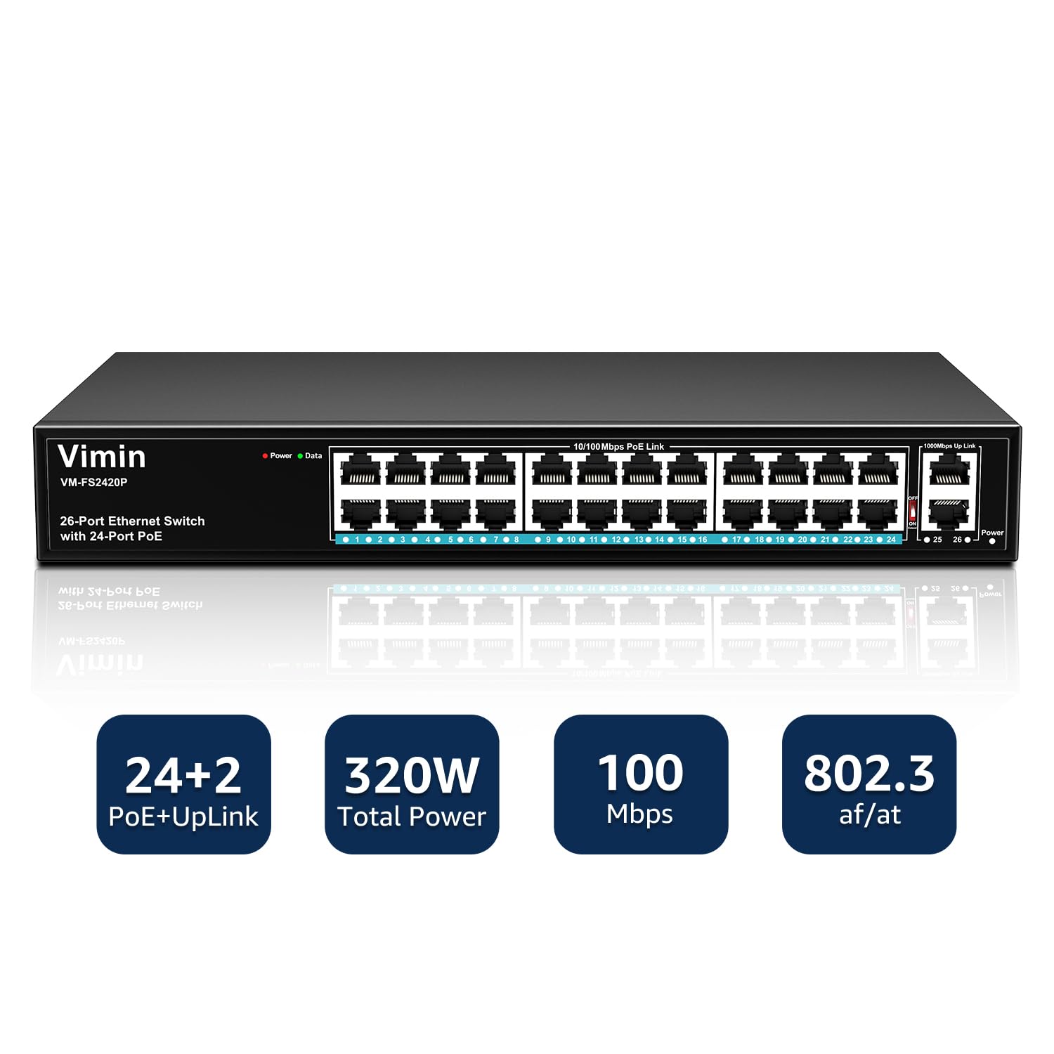 VIMIN 24 Port PoE Switch with 2 Gigabit Uplink Ports, 24 Port 10/100Mbps PoE Network Switch Unmanaged Support IEEE802.3af/at, Extend 250m, Vlan, 320W PoE Budget, Metal Case, Rackmount