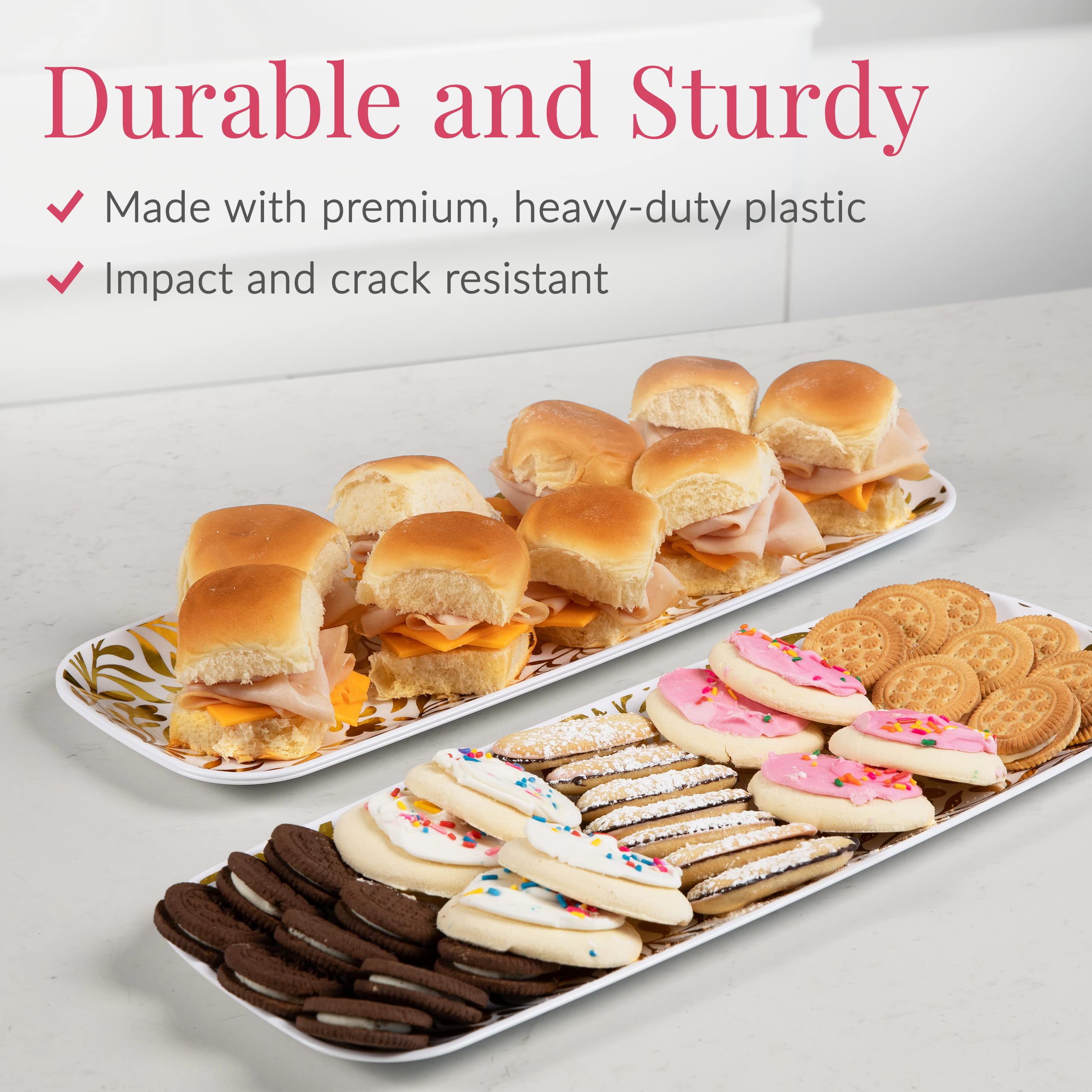 Prestee Disposable Serving Trays and Platters for Serving Food, 3pk - Gold Serving Tray, Plastic Serving Trays for Party, Plastic Serving Platter, Dessert Trays for Dessert Table for Christmas Holiday