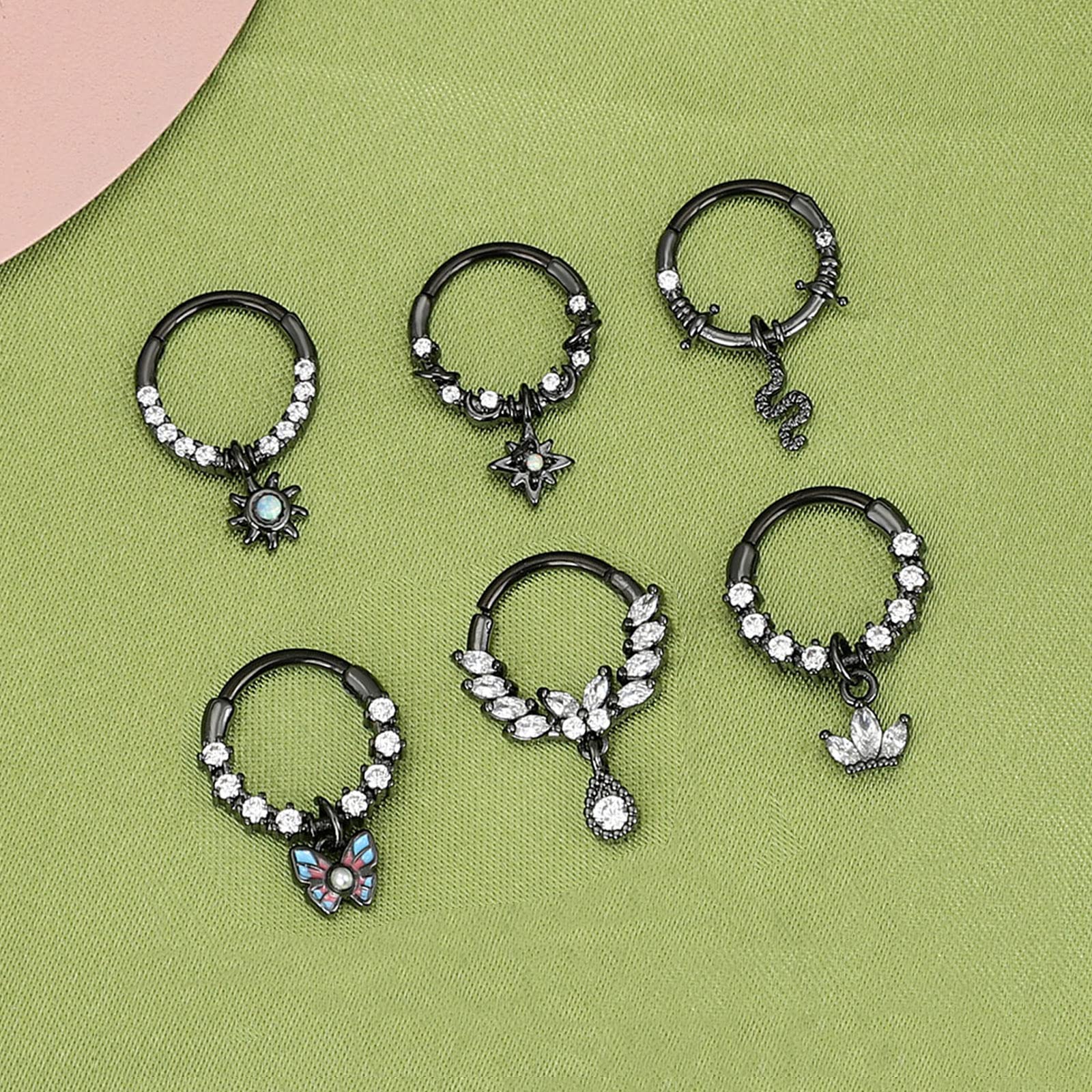 Qmcandy 6pcs Stainless Steel Wire Wrapped Septum Clicker Triple Spike Hinged Seamless Ring 16g Nose Piercing Jewelry, Black 3/8"