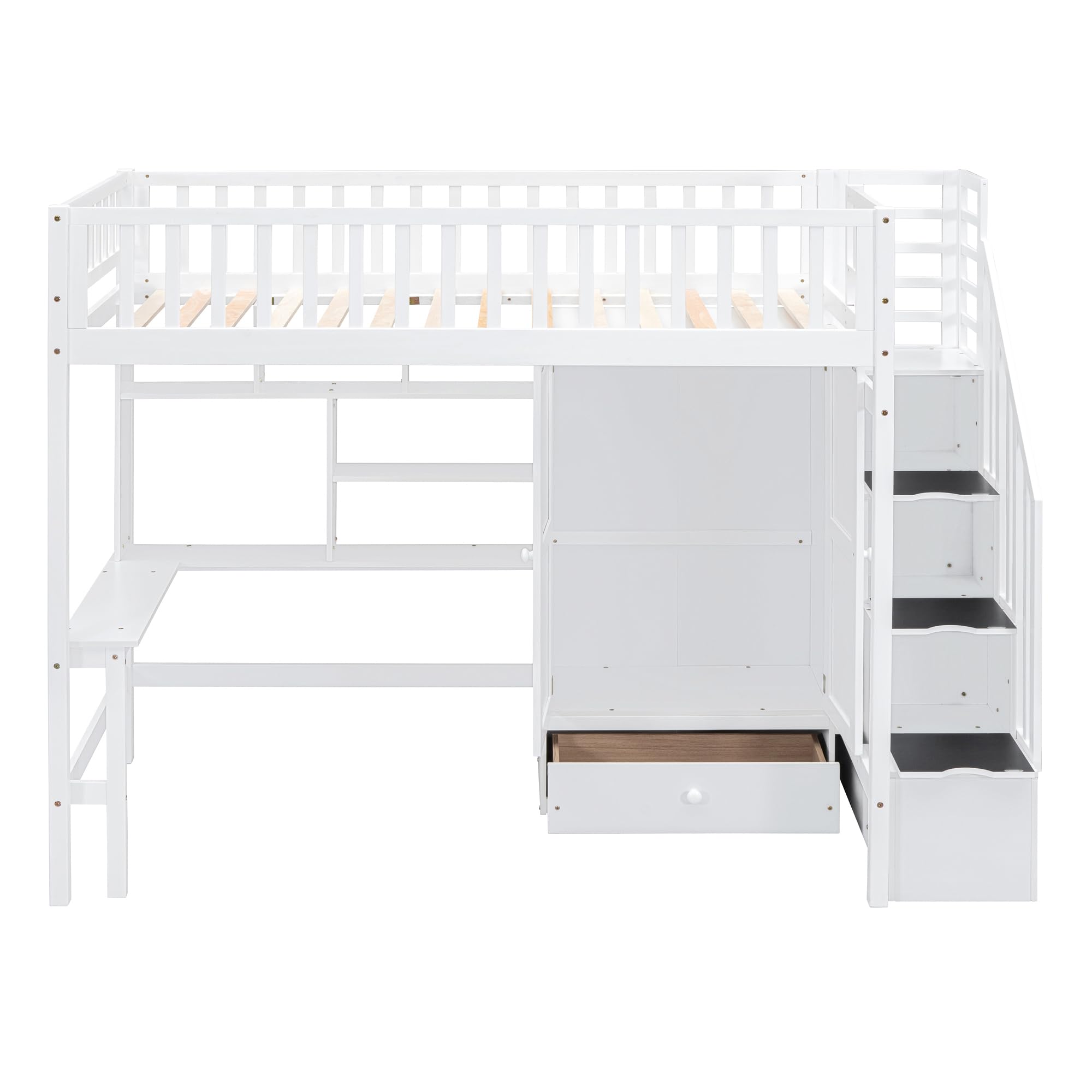 Merax Twin Loft Beds Stairway Loft Bed Frame with Wardrobe, Desk, Bookshelf and Drawers, White