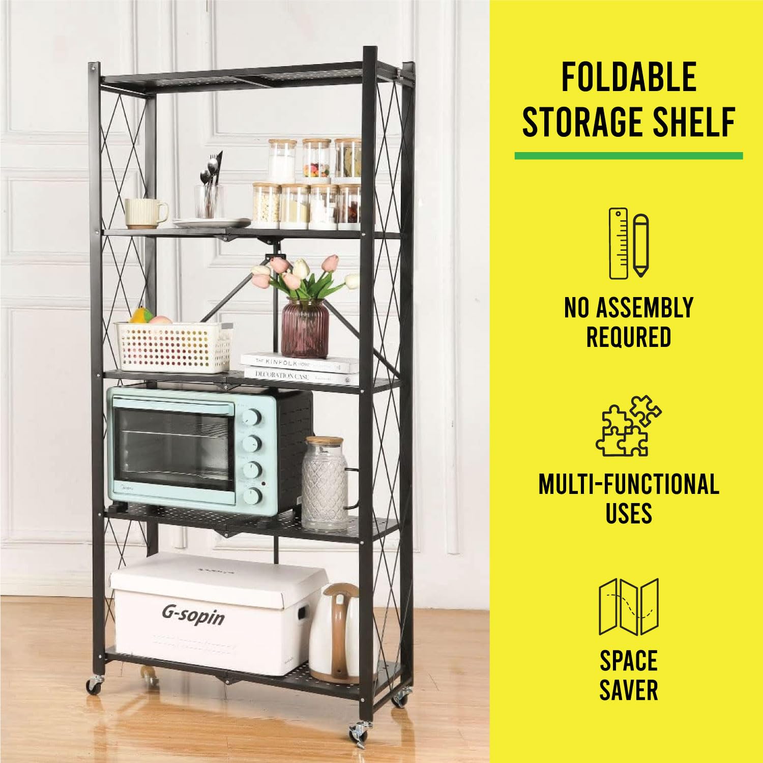 Letusto Foldable Collapsible Shelf with Wheels & Breaks - Folding Shelf Heavy Duty Metal Frame Pantry Shelving Unit - Origami Bookcase - No Assembly Bookshelf (Pink, 5 Tier)