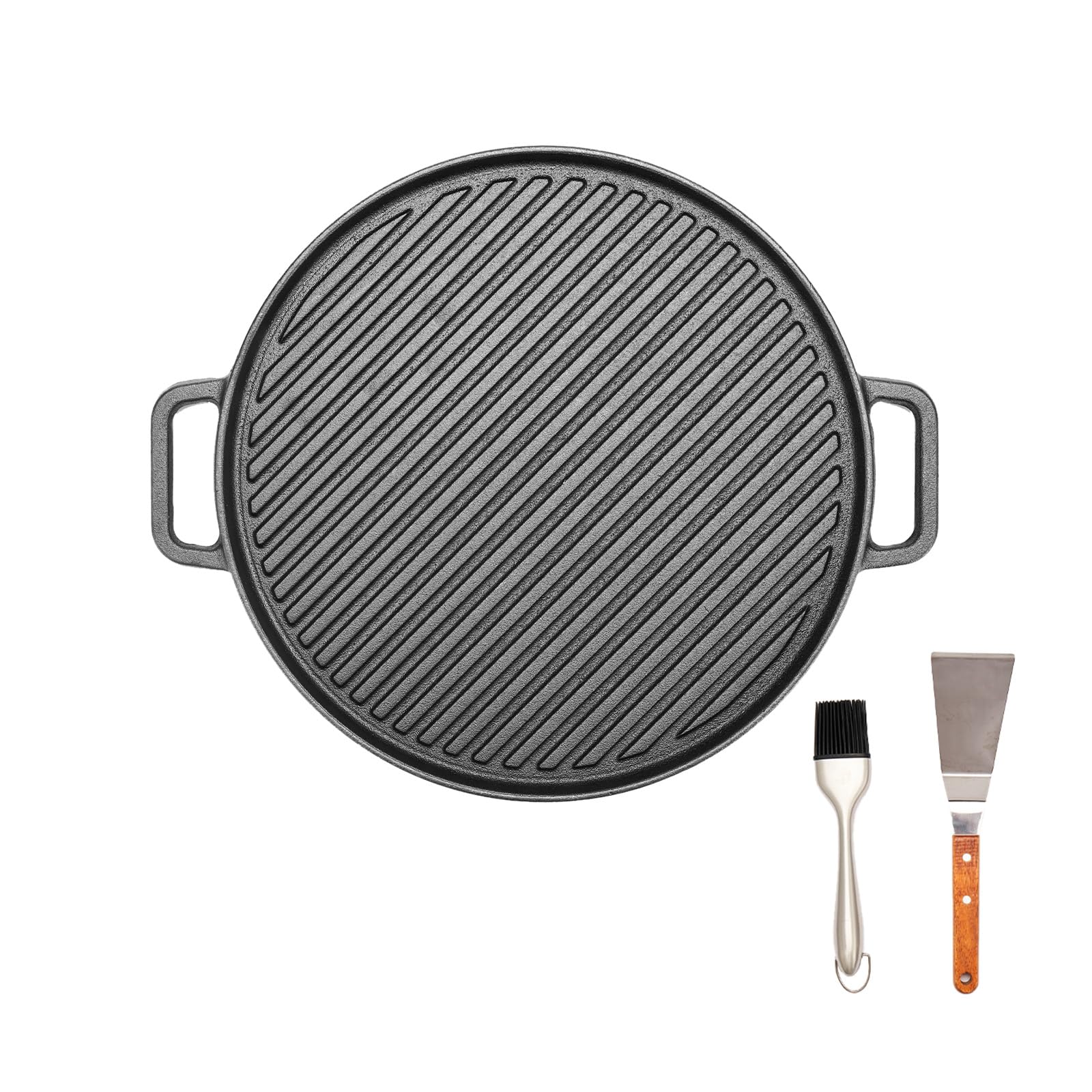 WANGYUANJI Cast Iron Grill Pan,11.8inch Round Cast Iron Skillets with Dual Handles for Barbecue,Suitable for All Stoves with Spatula and Brush