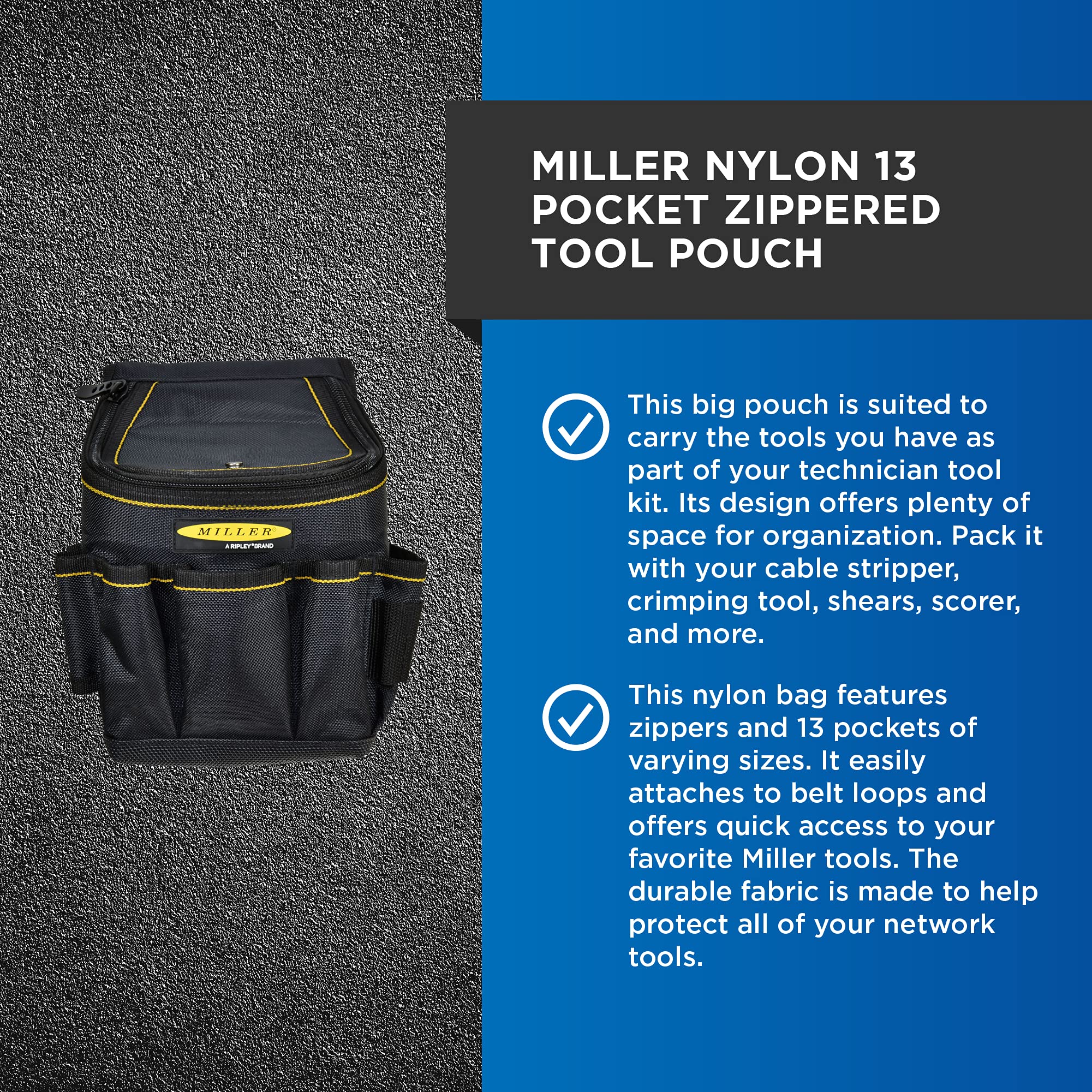 Miller Nylon 13-Pocket Zippered Tool Pouch with Removable Waist or Shoulder Strap, Wear- and Water-Resistant High-Density Oxford, Tool Bag for Professional Electricians, Technicians, and Installers