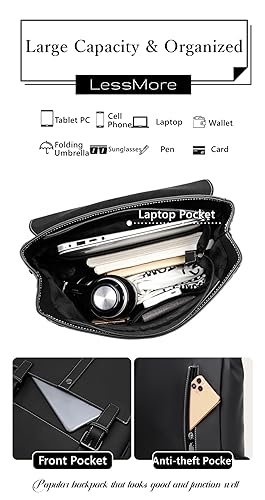 LessMore Backpack Men's PU Leather Business Backpack Travel Backpack Daypack 16” Laptop Backpack, Large Capacity and Multifunctional Rucksack for Men and Women, Black