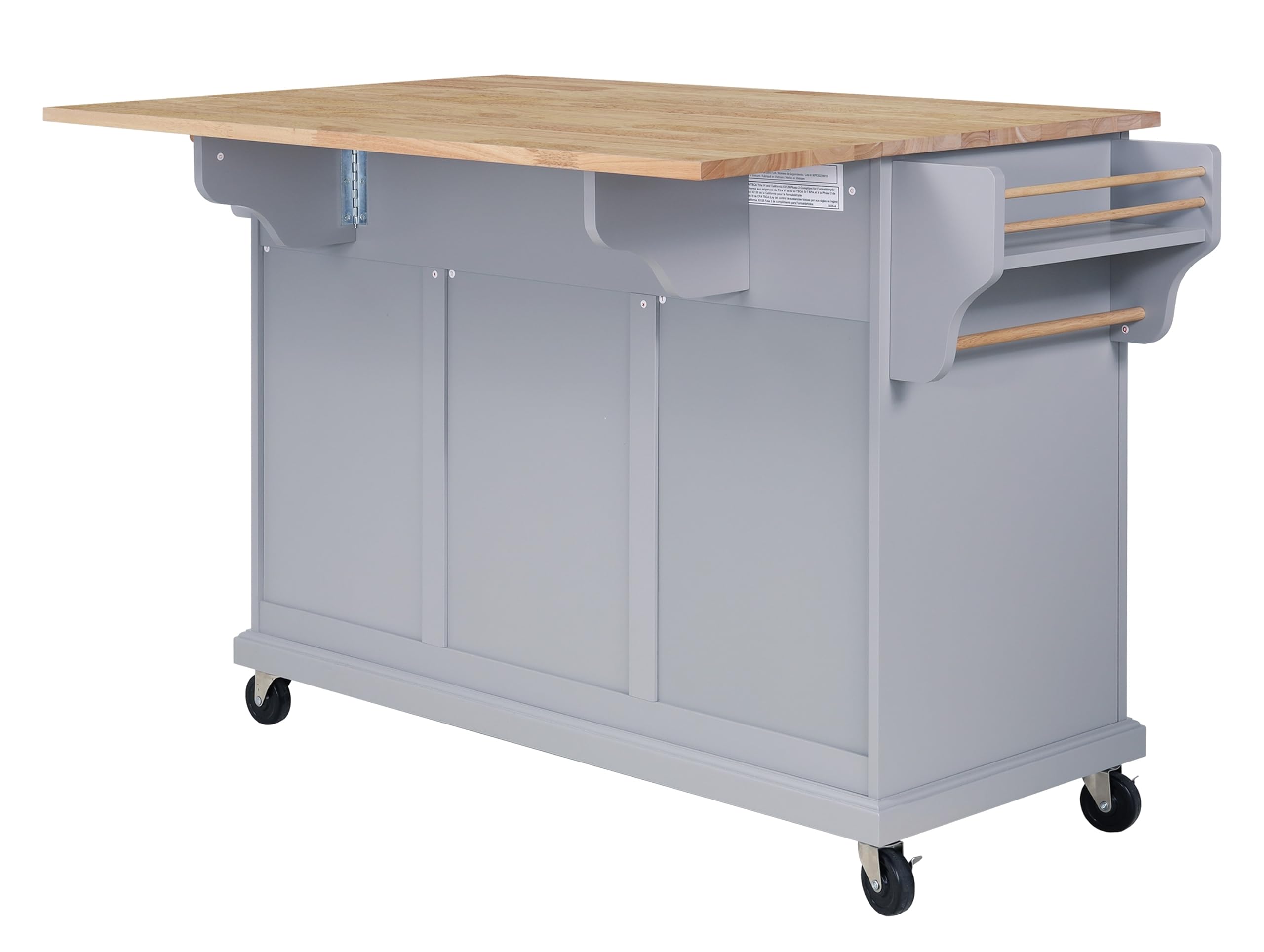 Kitchen Island on Wheels with Drop Leaf and Solid Wood Feet, 57.6 Inch Width/32 Inch Depth Rolling Kitchen Island Cart with Storage Cabinet and Drawers for Kitchen, White