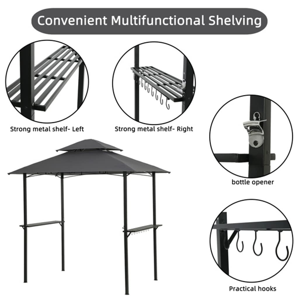MGWYE 8x5Ft Outdoor Grill Gazebo Light Shelter Tent Double Tier Soft Top Canopy Steel Frame with Led Hook Counters