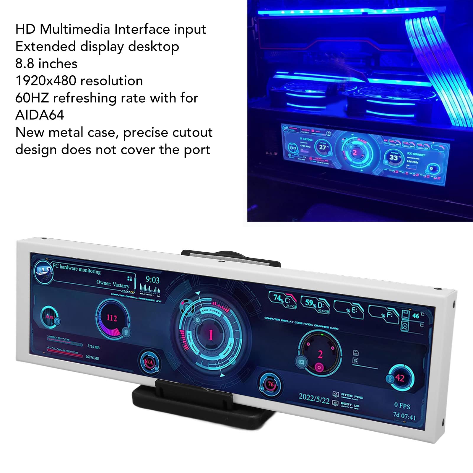 Vikye 8.8In Computer Temp Monitor, 1920x480 60Hz Computer Temp Monitor for AIDA64 CPU GPU SSD Data Monitor for Raspberry Pi for Linux for Windows