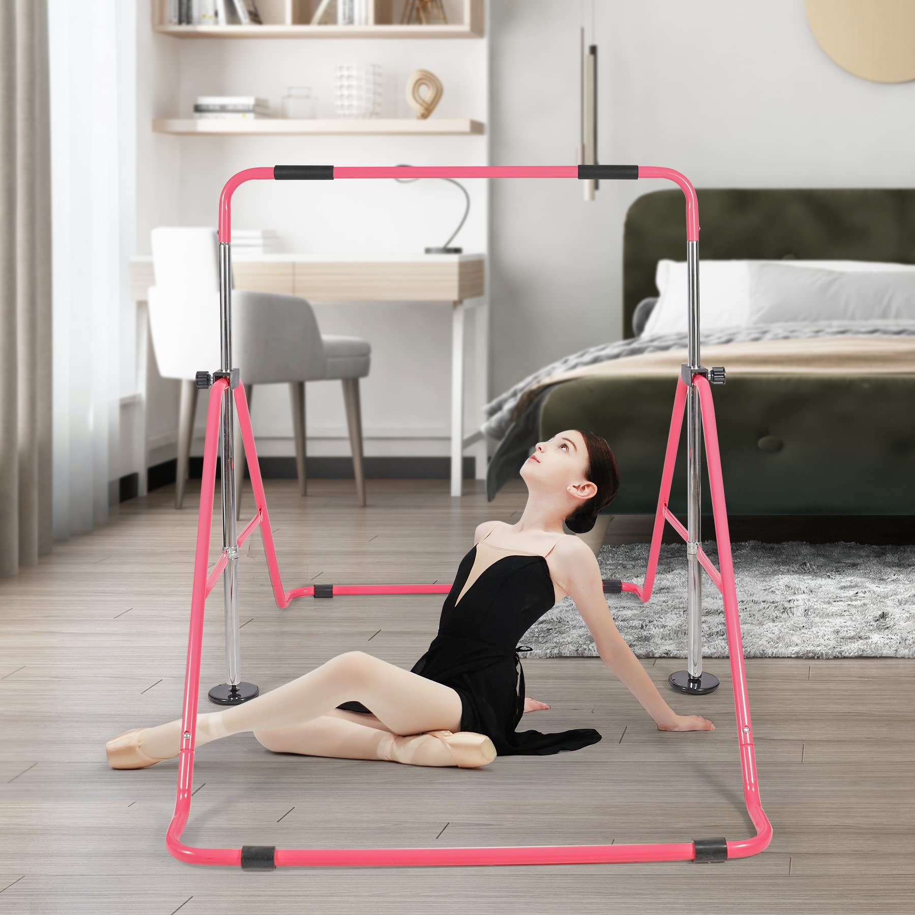 RedSwing Foldable Kids Gymnastics Bar, Adjustable Height Gymnastic Horizontal Bar for Toddler Ages 8-12, Stable Children Training Bar for Home, Easy to Assemble, Pink