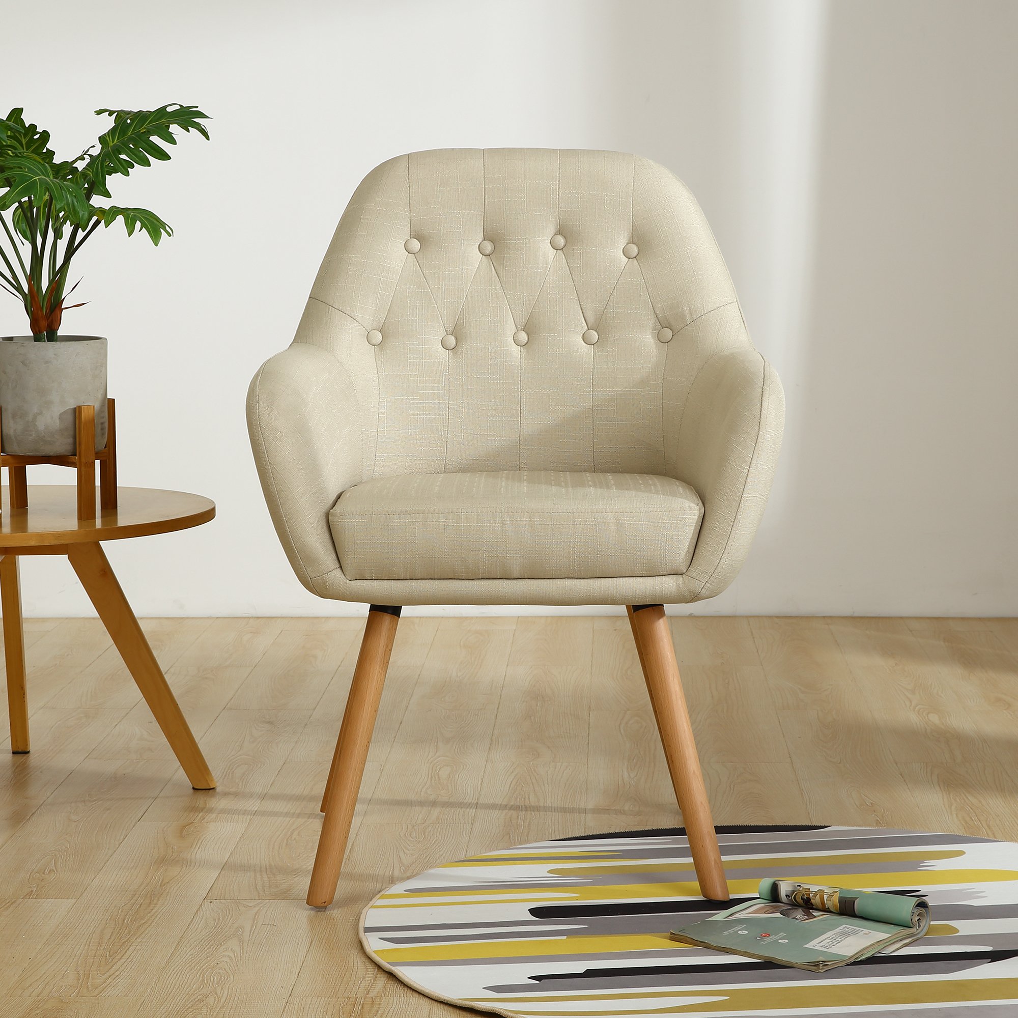 LSSBOUGHT Contemporary Stylish Button-Tufted Upholstered Accent Chair with Solid Wood Legs (Beige)