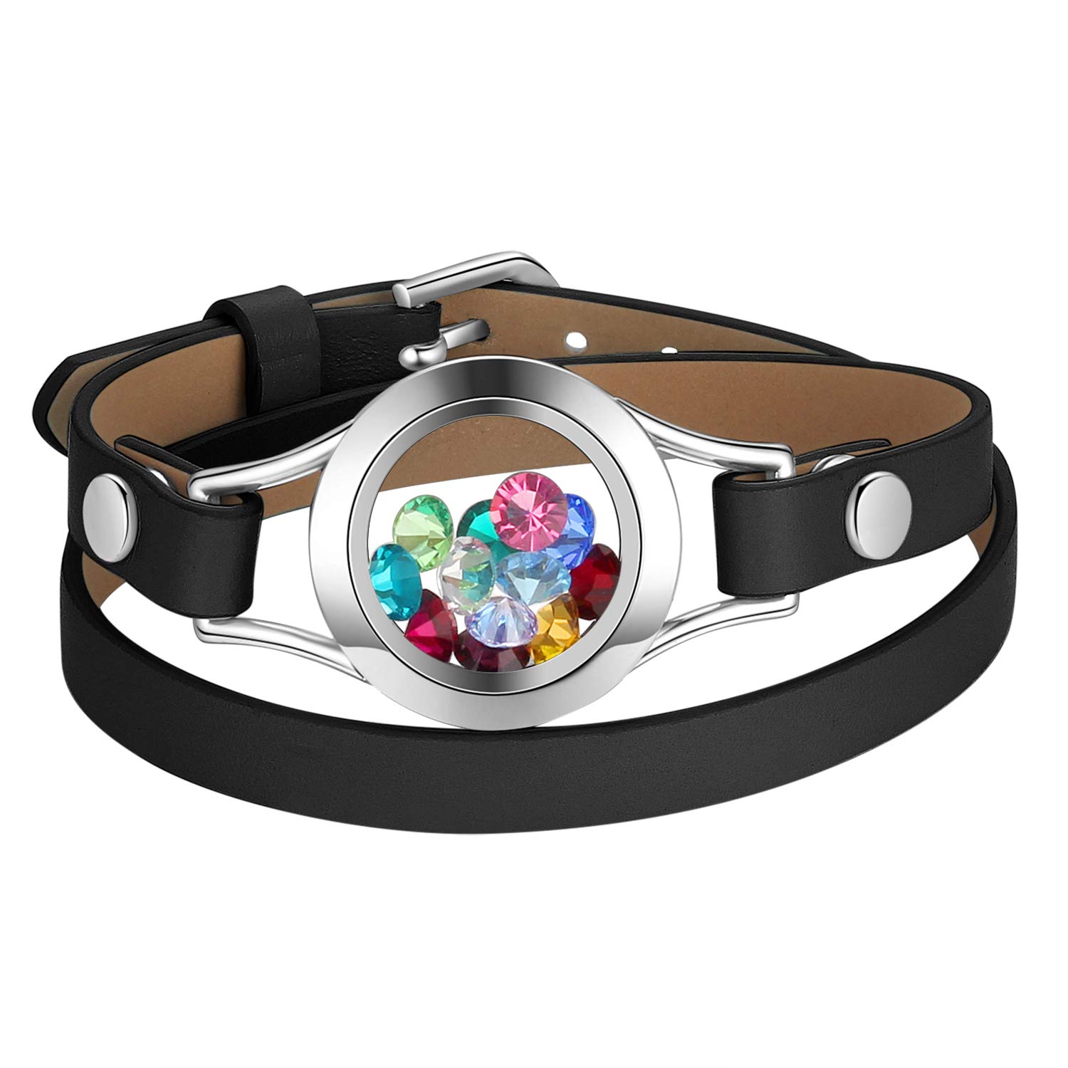 Mesinya Custom Jewelry Floating Memory Charm Glass Locket Bracelet Bangle (Black Leather 1 inch Locket 5.5-7 inches Wrist)