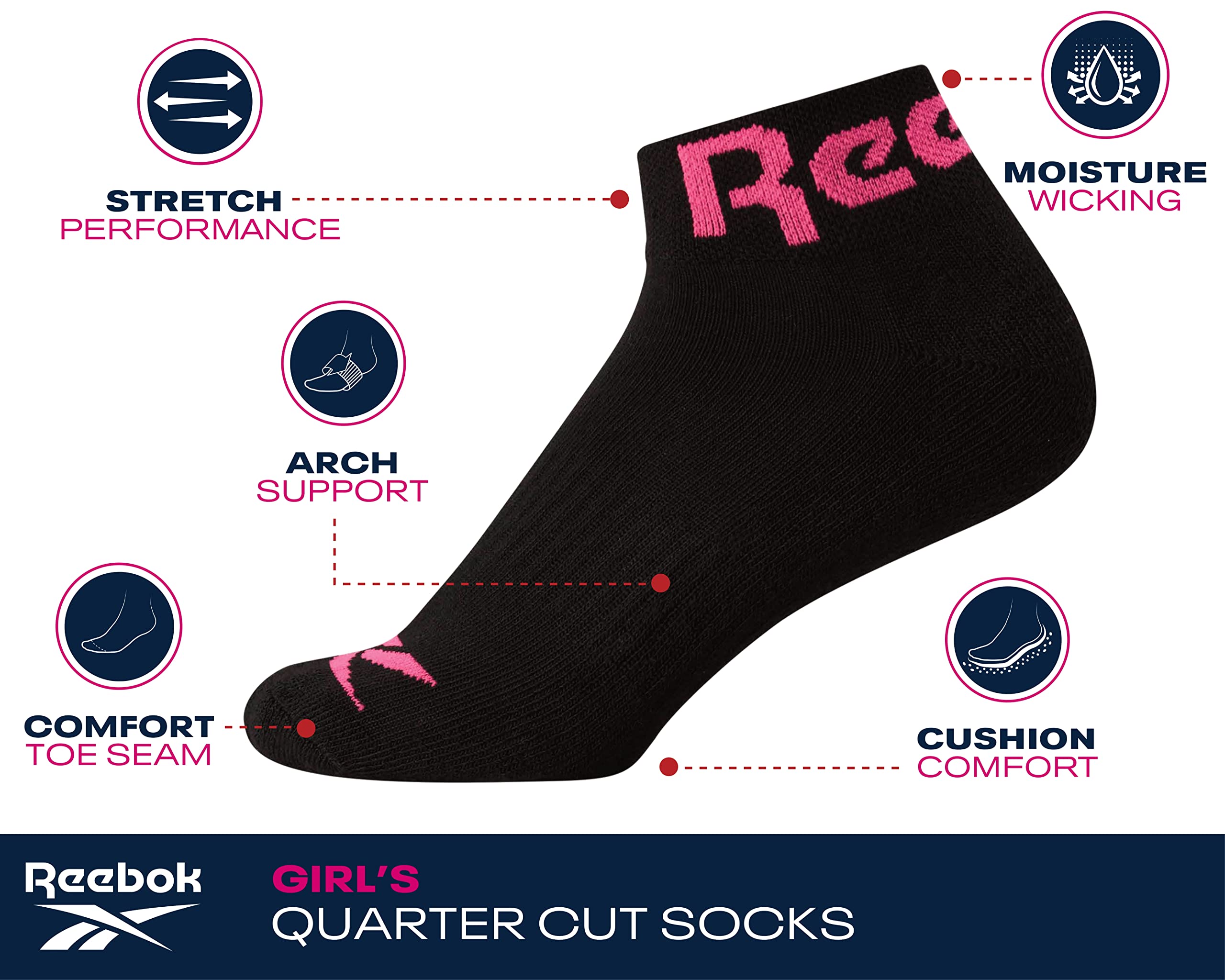 Reebok Girls' Quarter Socks - 6 Pack Performance Cushioned Comfort Quarter Cut Ankle Socks - Athletic Socks for Girls, Size Medium, Black Multi