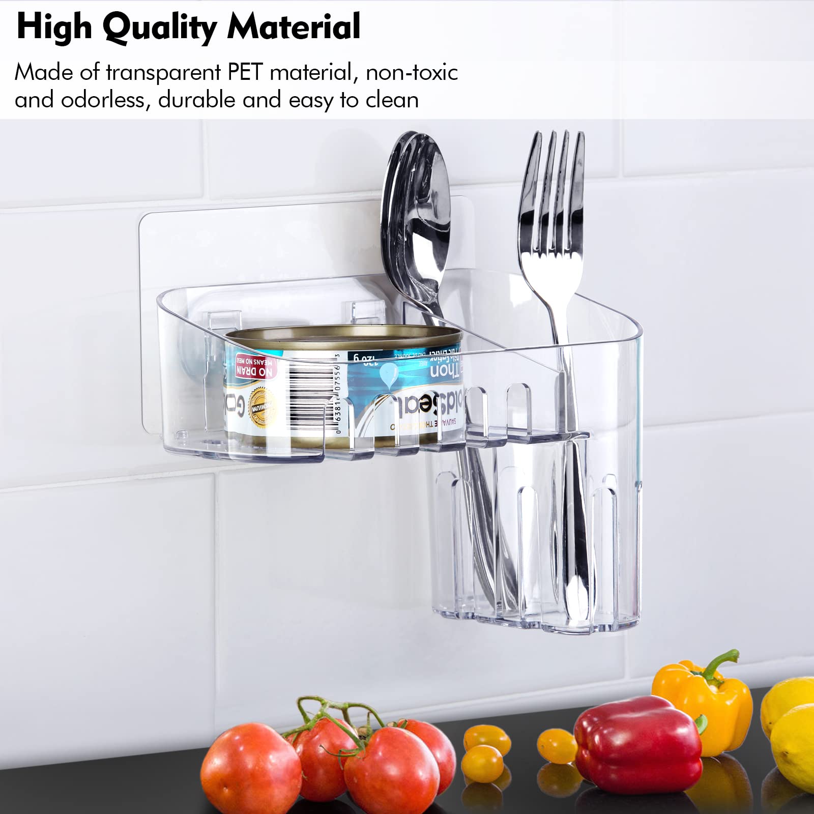 Lunmore Kitchen Sink Caddy, Plastic Sponge and Brush Holder, Adhesive Sink Organizer for Bathroom, Kitchen (Transparent)