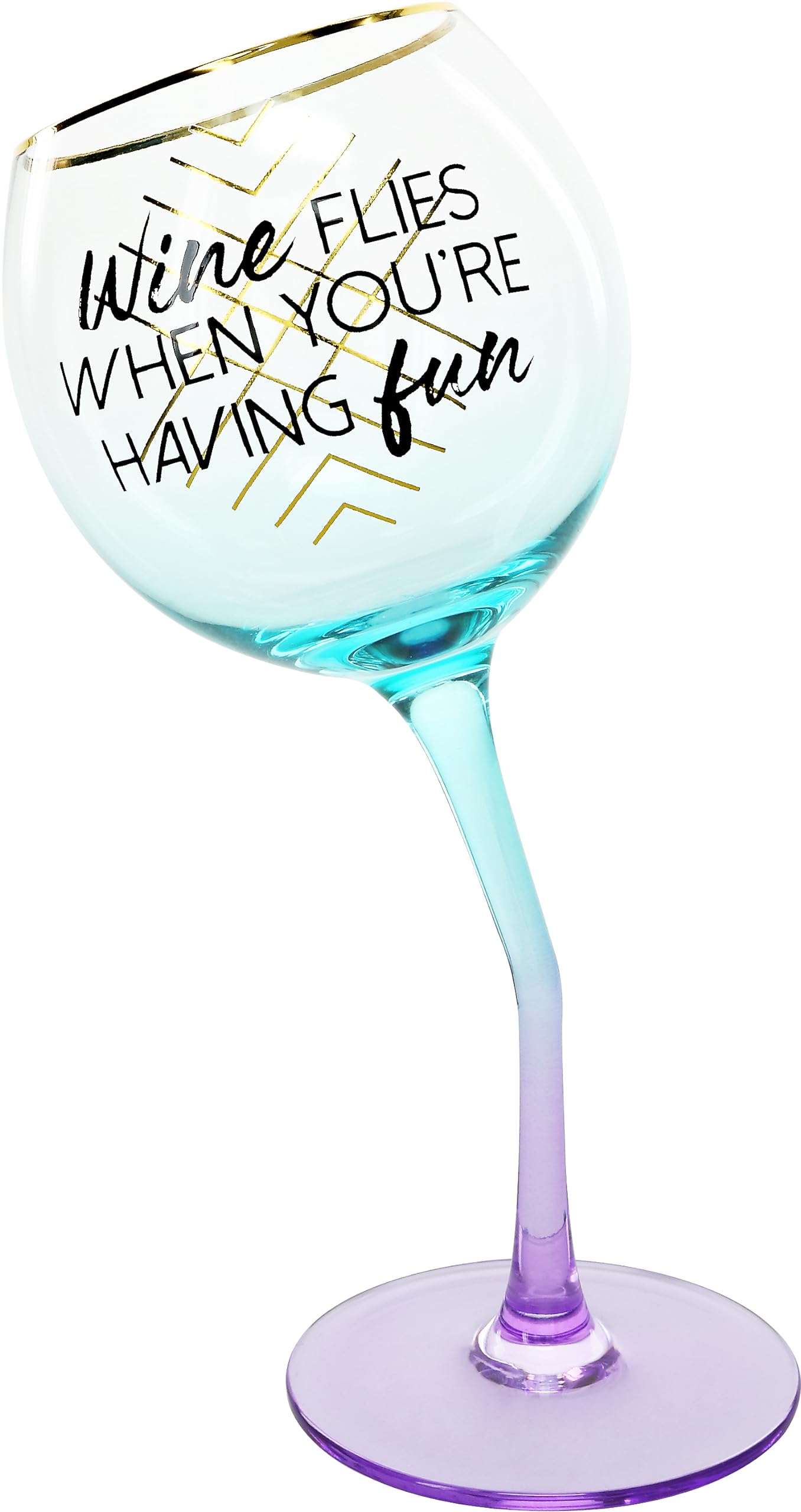 Pavilion Gift Company Flies When You're Having Fun 11 Oz Blue Ombre & Gold Unique Tipsy Stemmed Wine Glass