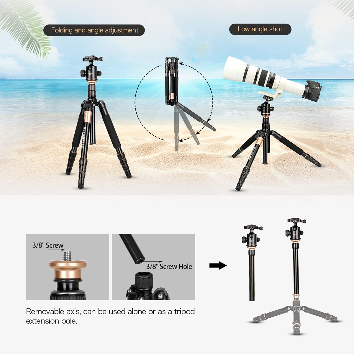 Koolehaoda 61.5" Portable Camera Tripod Compact Aluminium Tripod Monopod with 360 Degree Ball Head for SLR Camera, Max Load 15kg