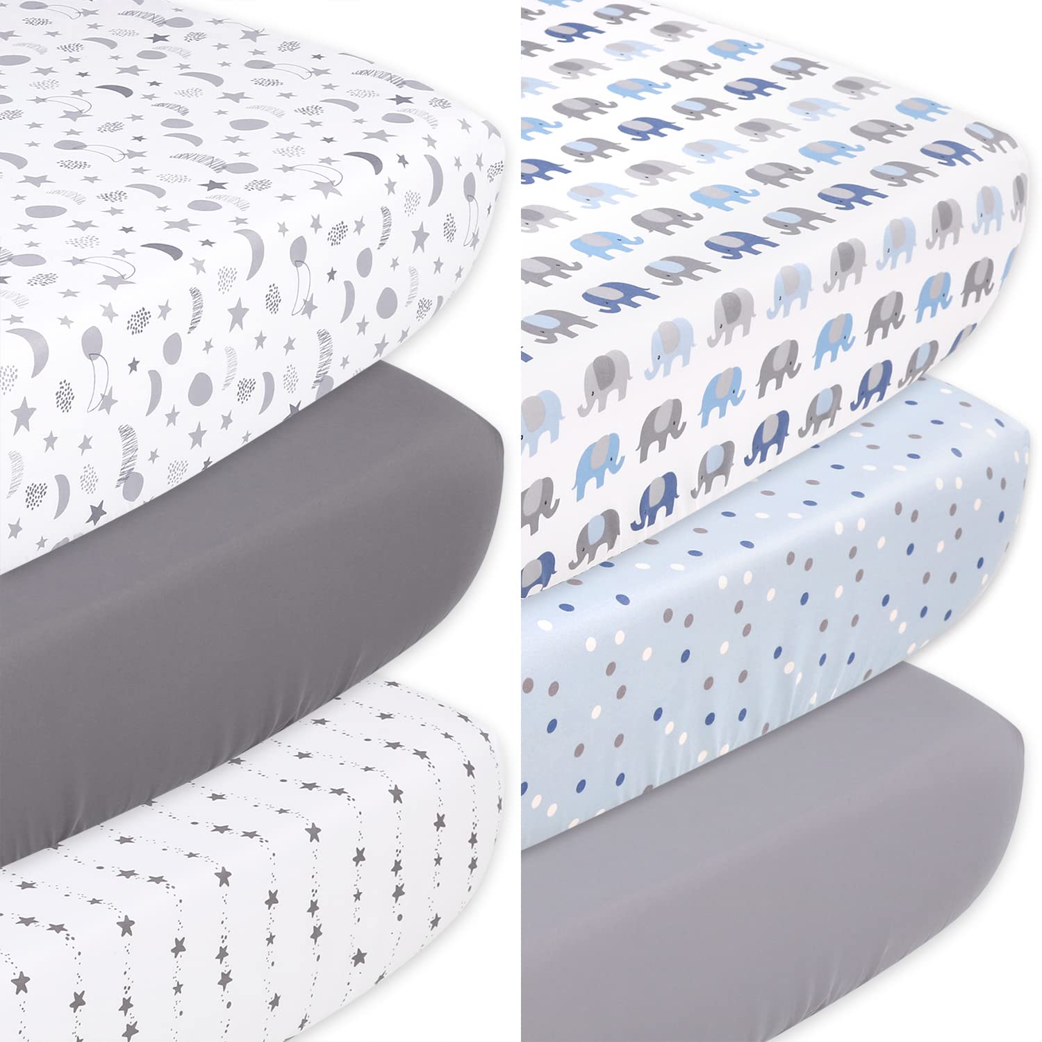 The Peanutshell Celestial Stars and Elephant Fitted Crib Sheets | Unisex 6 Pack | Grey, Blue