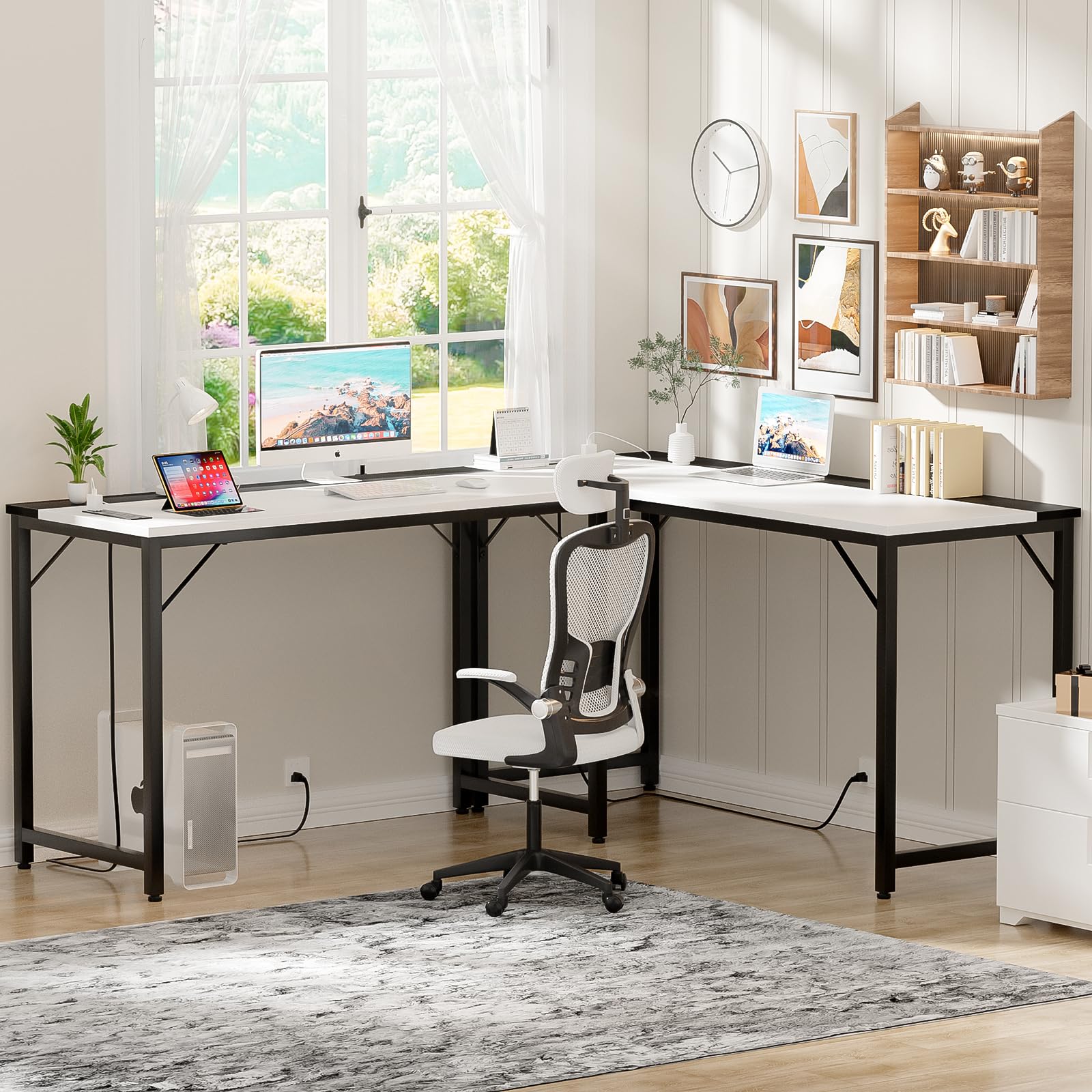 iSunirm 47 Inch Computer Desk with Magic Power Outlets, Modern Office Desk with USB Charging Ports, Sturdy Study Writing Desk, Laptop PC Gaming Table for Bedroom Workstation, Black Oak, 2 Pack