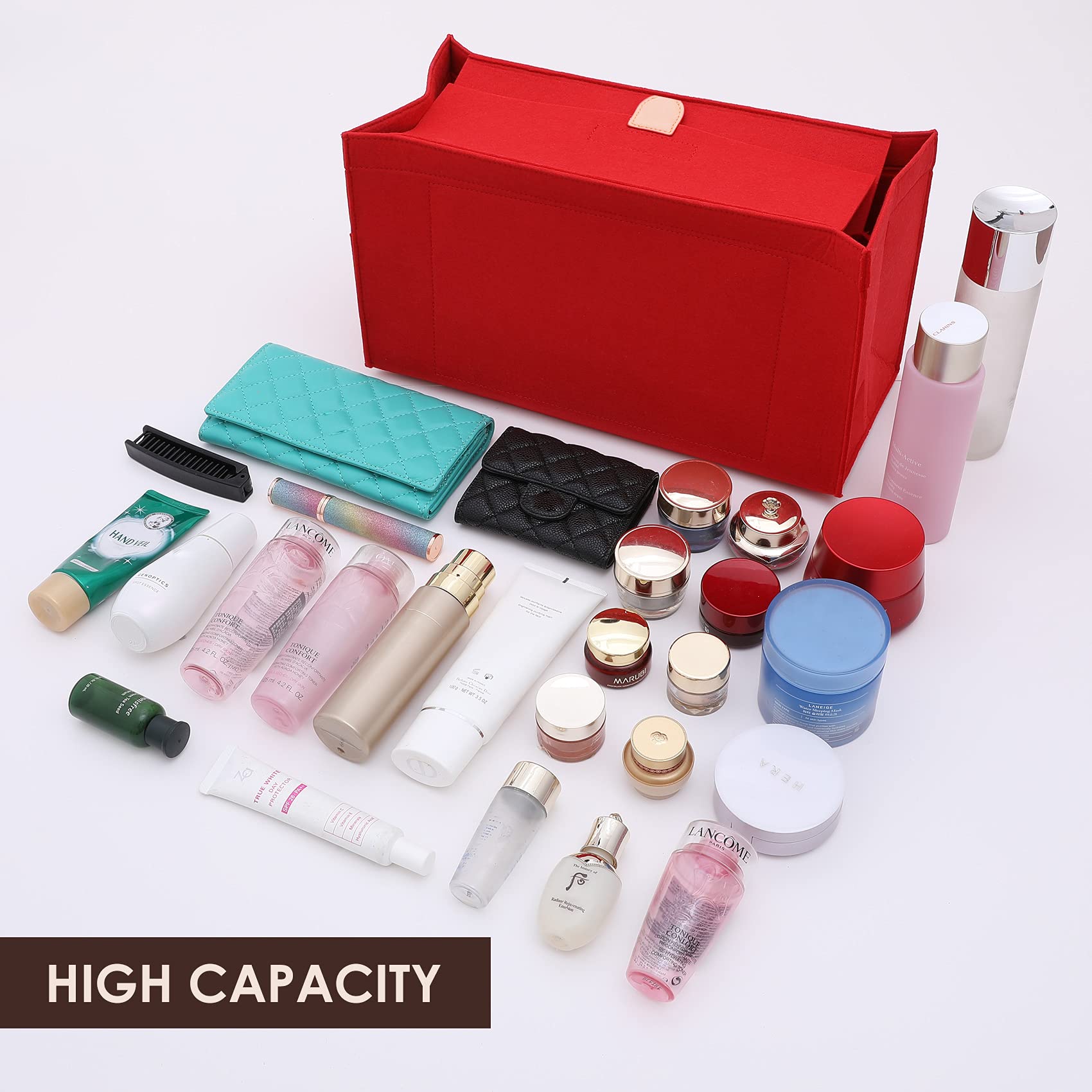 OAikor Bag Organizer Insert for Onthego GM 40 Handbag & Small D Book Tote, Felt Tote Bag Insert Organizer with Zipper and Cover, 9 Compartment, Bag in Bag(XL, Red)