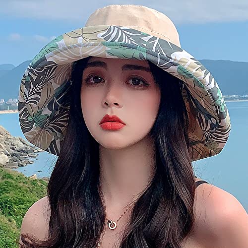 Reversible Floral Sun Hats UV Protection UPF Packable Wide Brim Chin Strap Women (Beige)