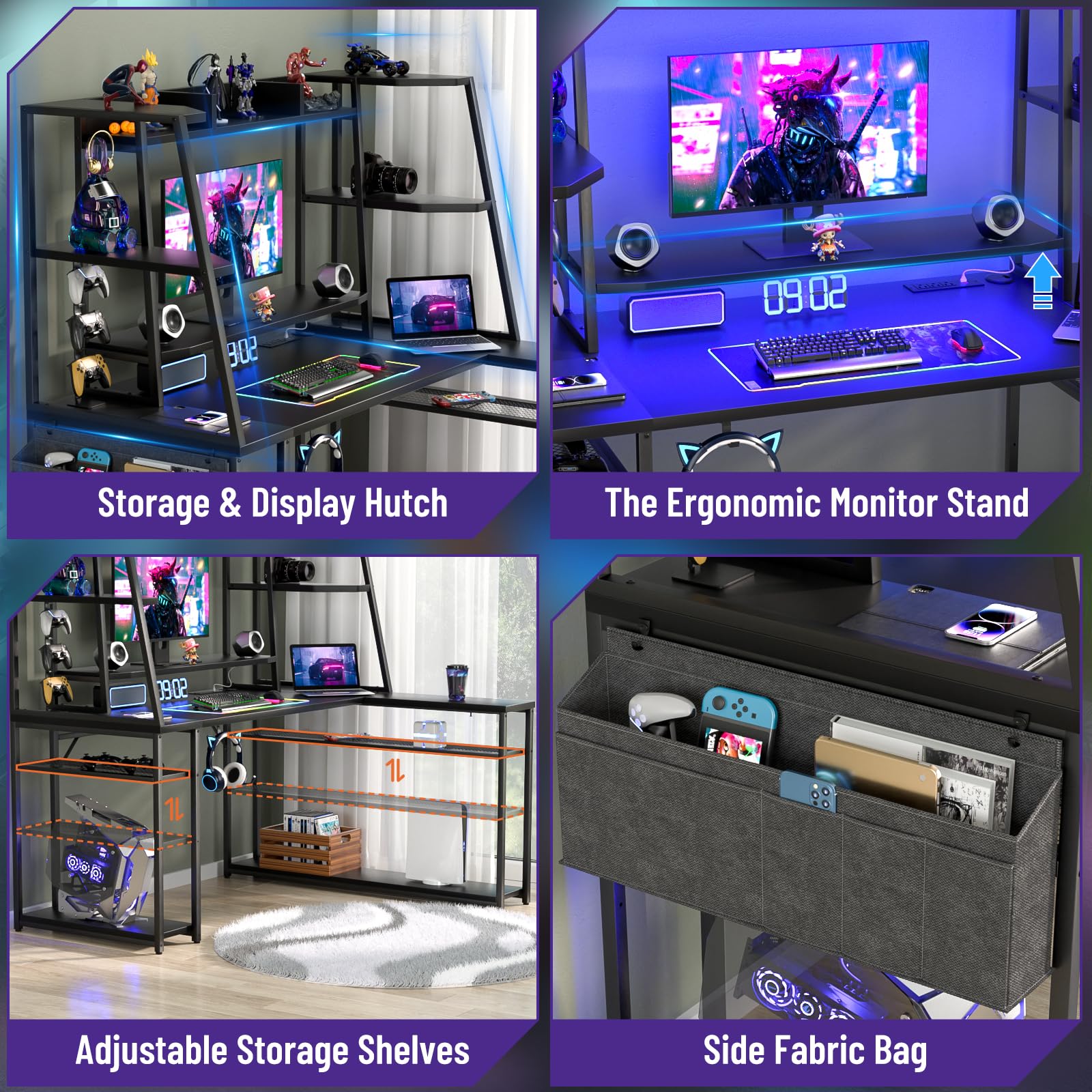 L Shaped Gaming Desk with Hutch & Shelves, 47'' Gaming Computer Desk with LED Lights & Power Strips, Reversible PC Gaming Desk L Shape with Storage, L Desk for Gaming with Monitor Stand, Black