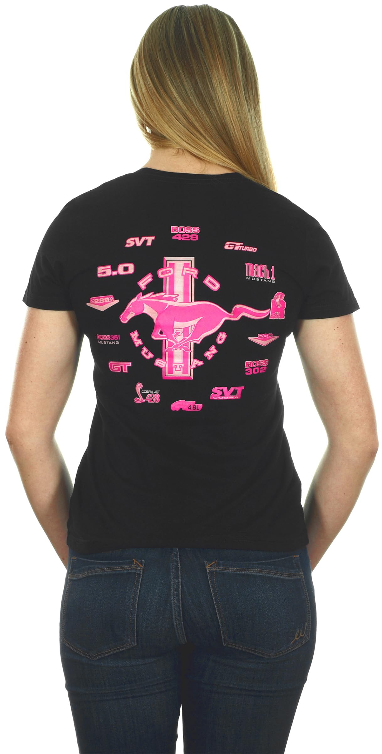 JH Design Women's Ford Mustang Collage T-Shirt a Short Sleeve Crew Neck Shirt (3X, CLG4-black/pink)