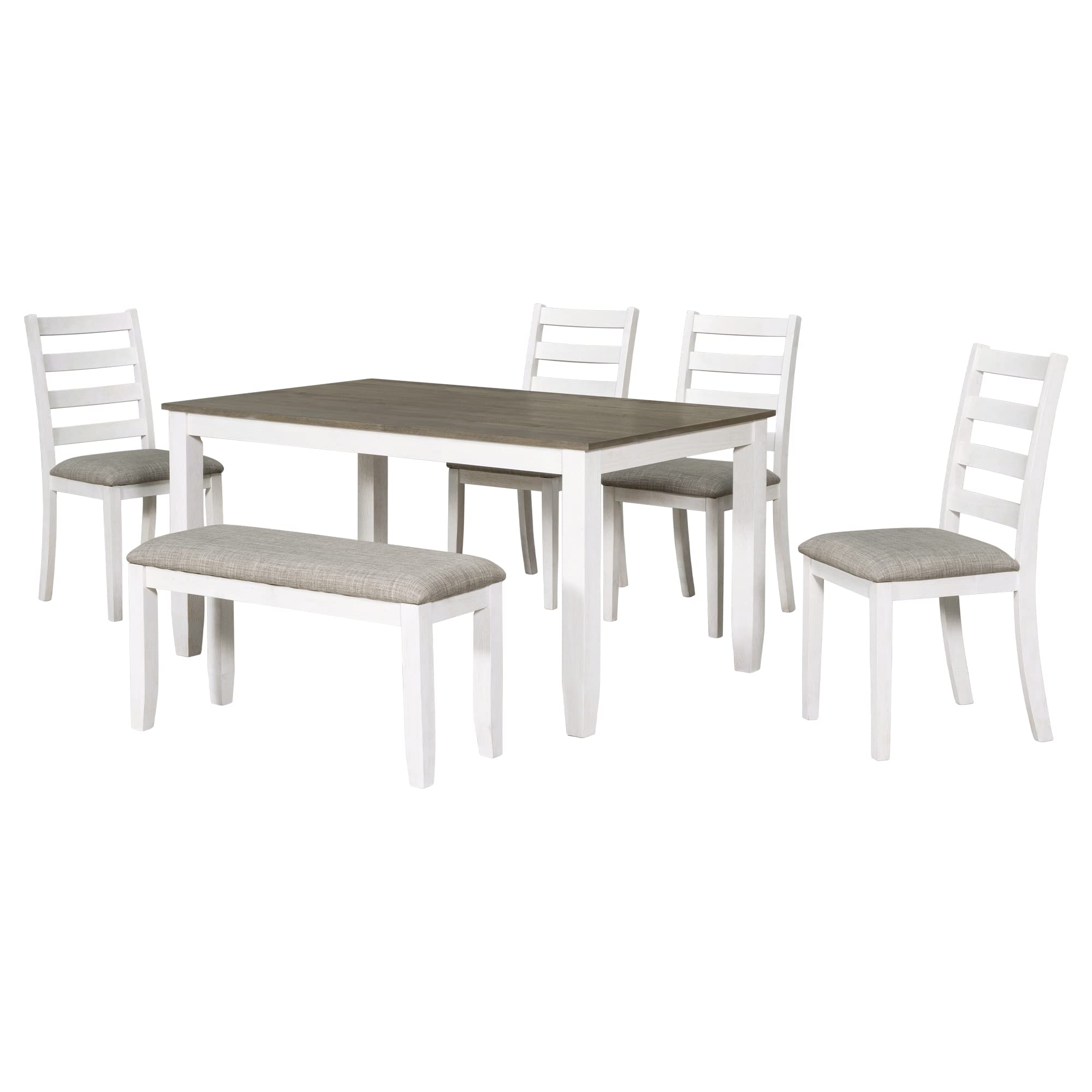 Lepfun 6-Piece Kitchen Dining Set for 6, Rustic Style Rectangular Wood Table and 4 Chairs 1 Bench with Upholstered Cushion for Family (Brown + Whitewash)