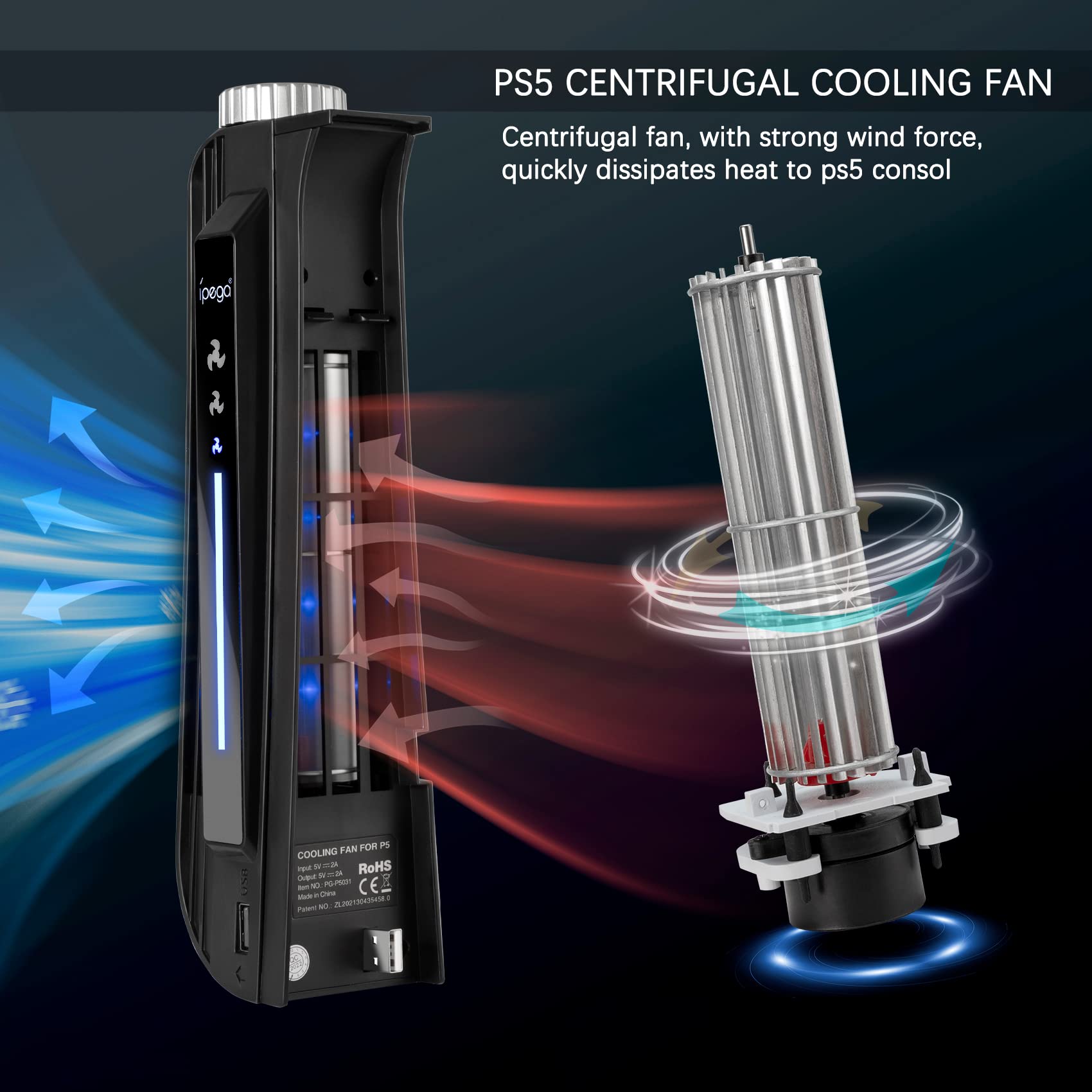 Sedicoca Cooling Fan for PS5 Disc & Digital Edition - Upgraded Centrifugal Fan with USB Port, 3-Speed Adjustable with LED Indicator （black）